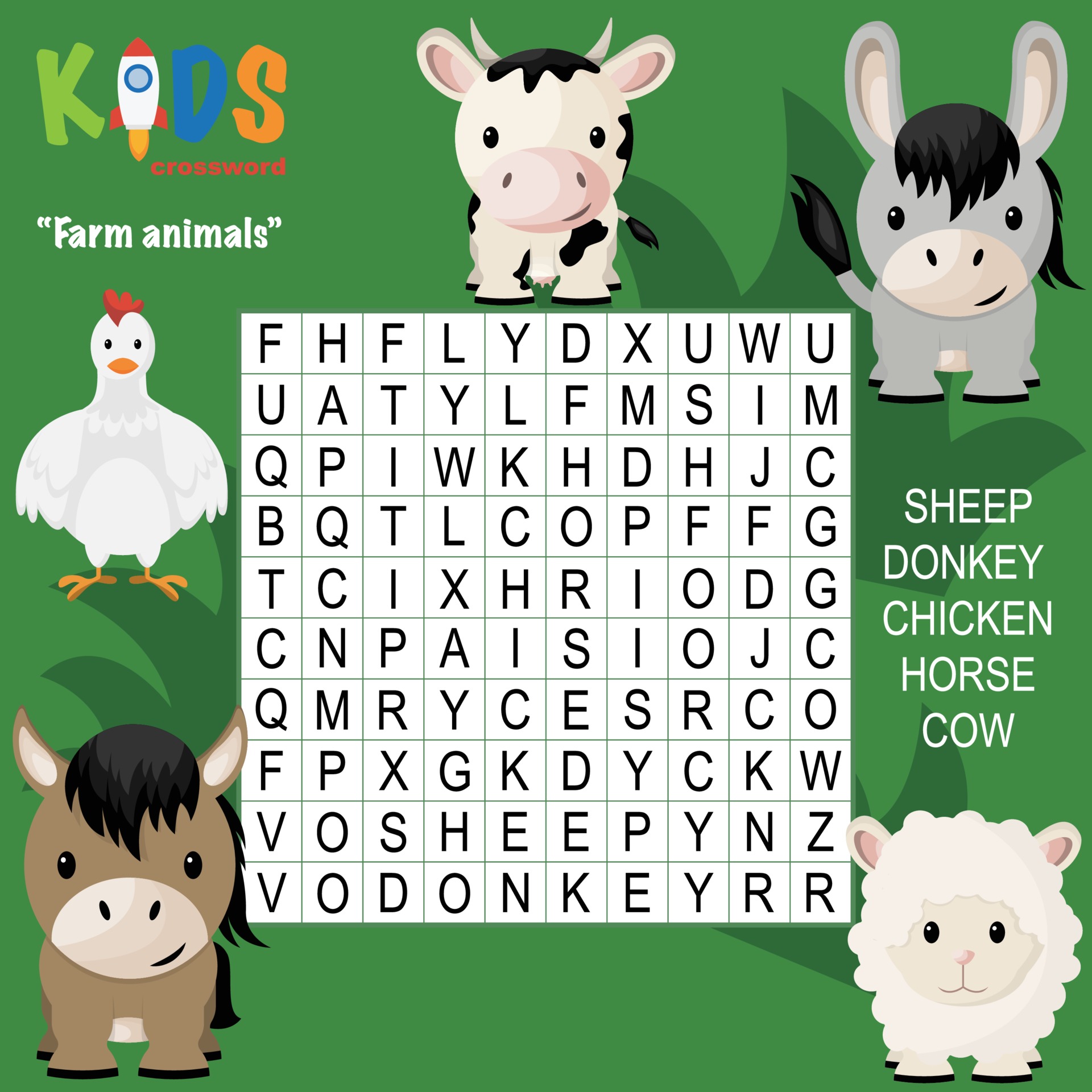 Farm animals word search crossword 2171185 Vector Art at Vecteezy