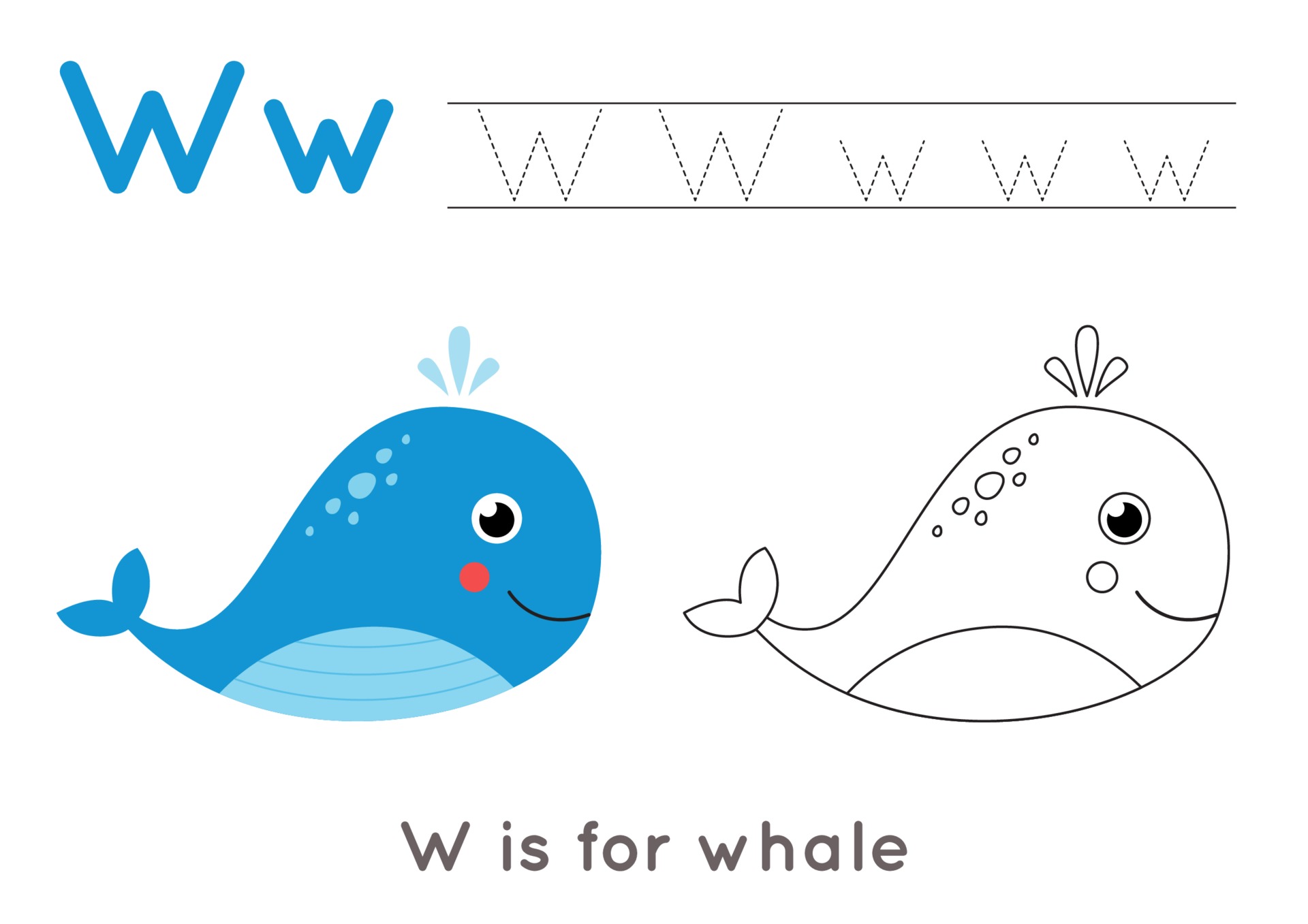 Coloring and tracing page with letter W and cute cartoon whale. 2171808 Vector Art at Vecteezy