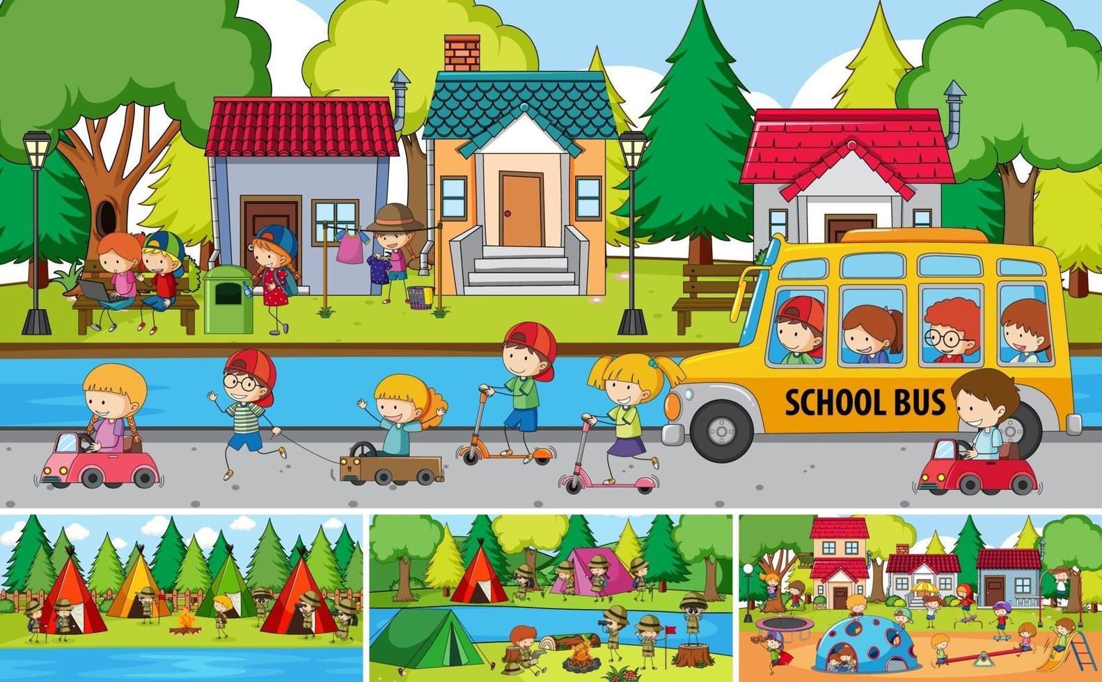 Outdoor scene set with many kids doodle cartoon character 2174138 ...
