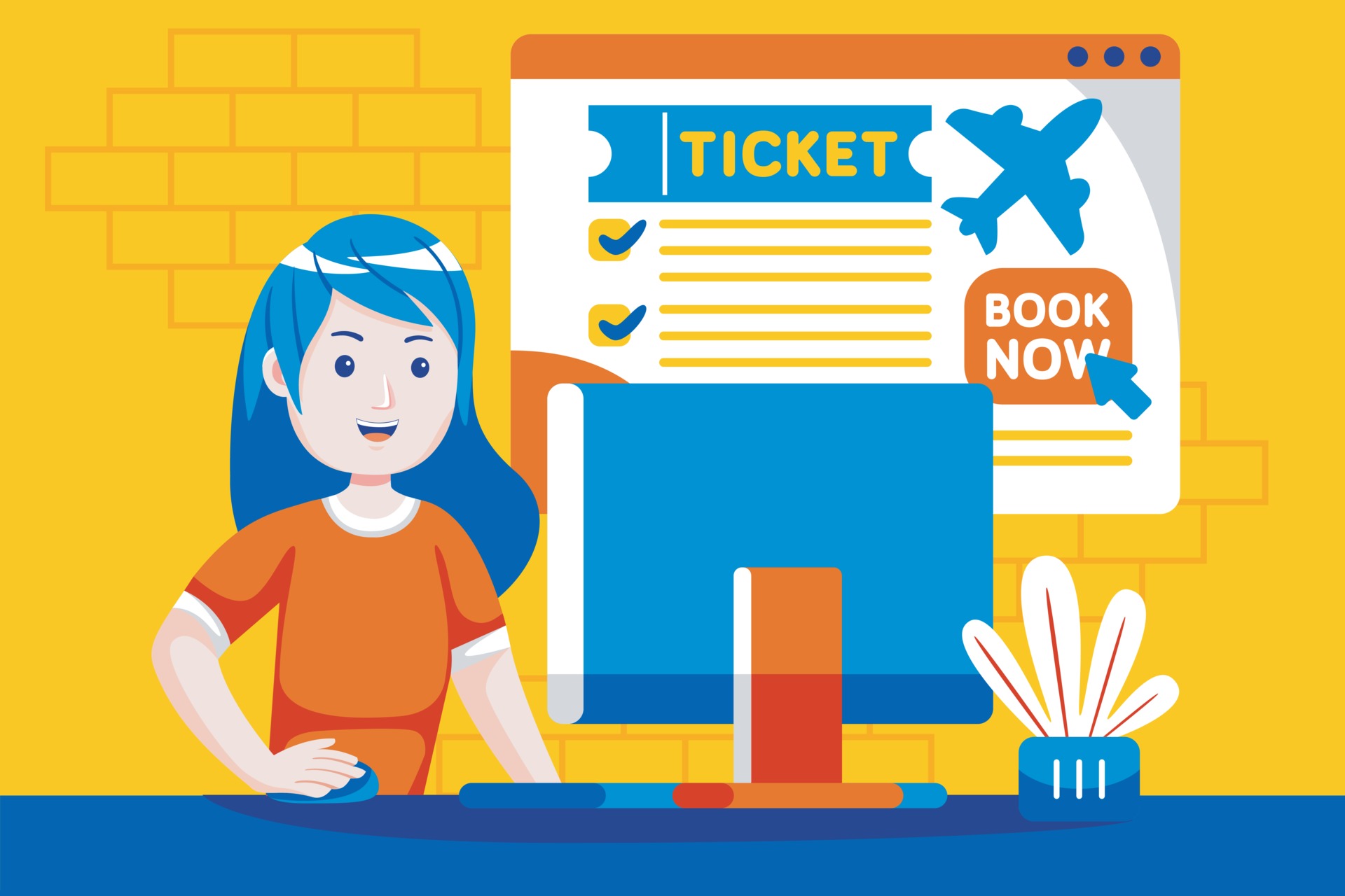 Young woman booking flight online with laptop. 2175595 Vector Art at ...