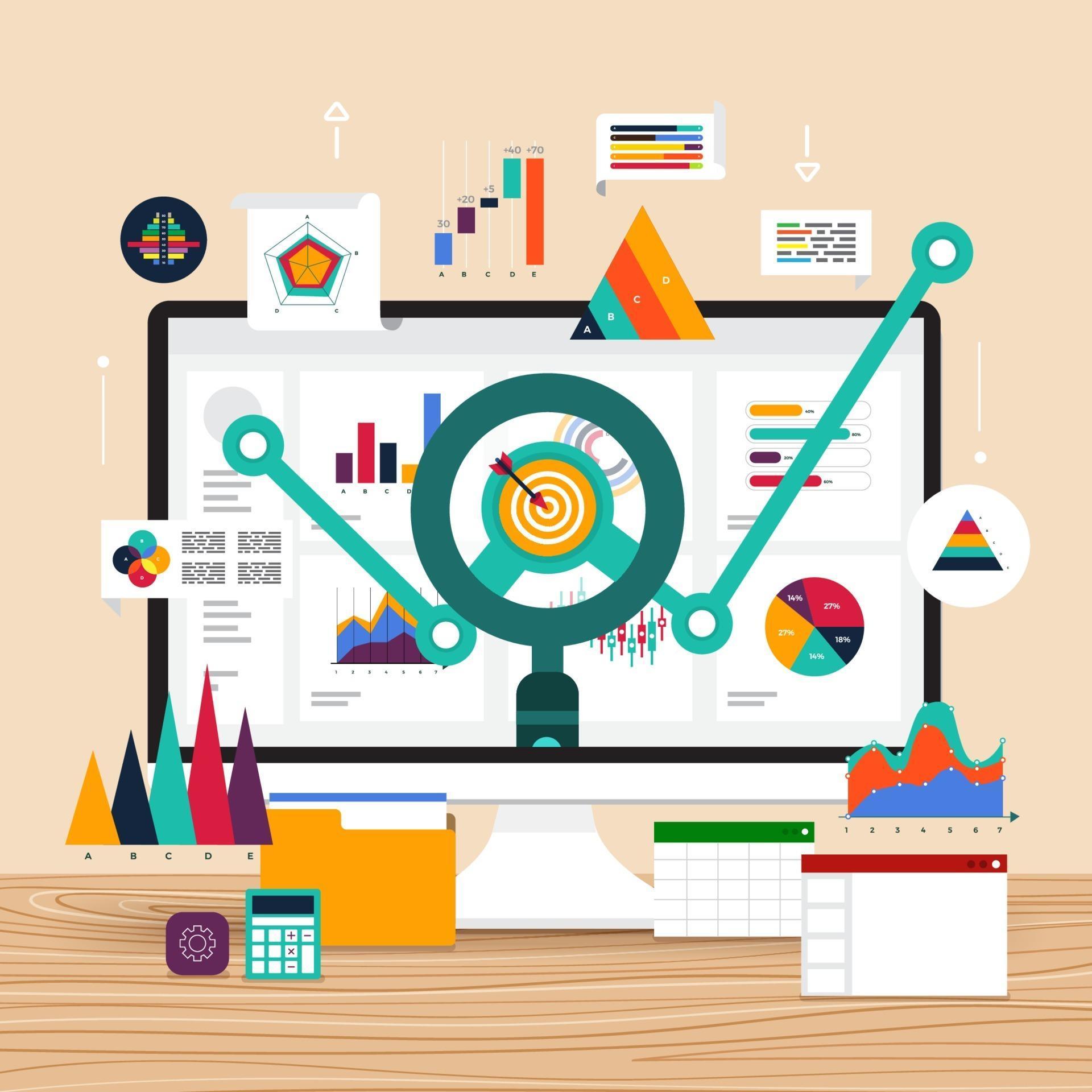 Flat design concept data analysis. Visualize with graph and chart ...