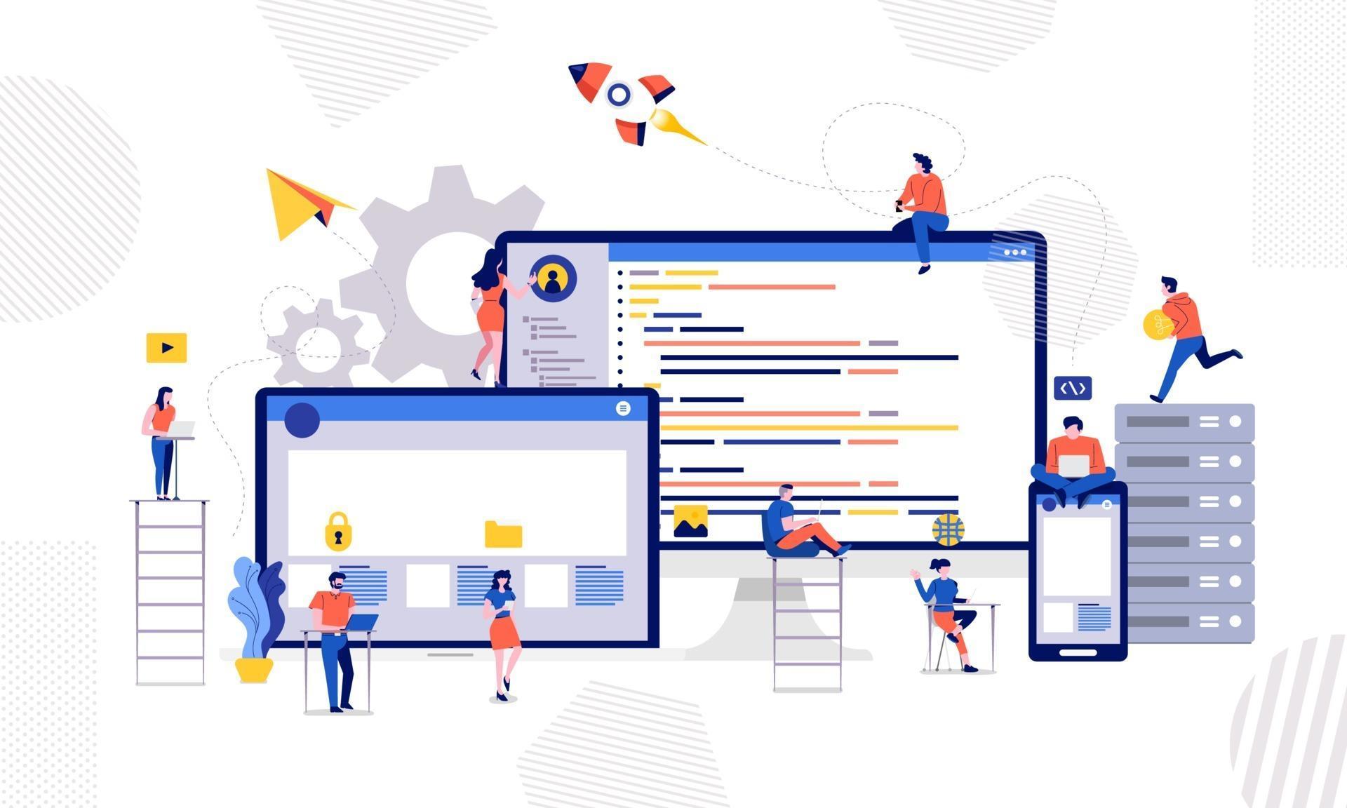 Team of developers working on code 2178145 Vector Art at Vecteezy