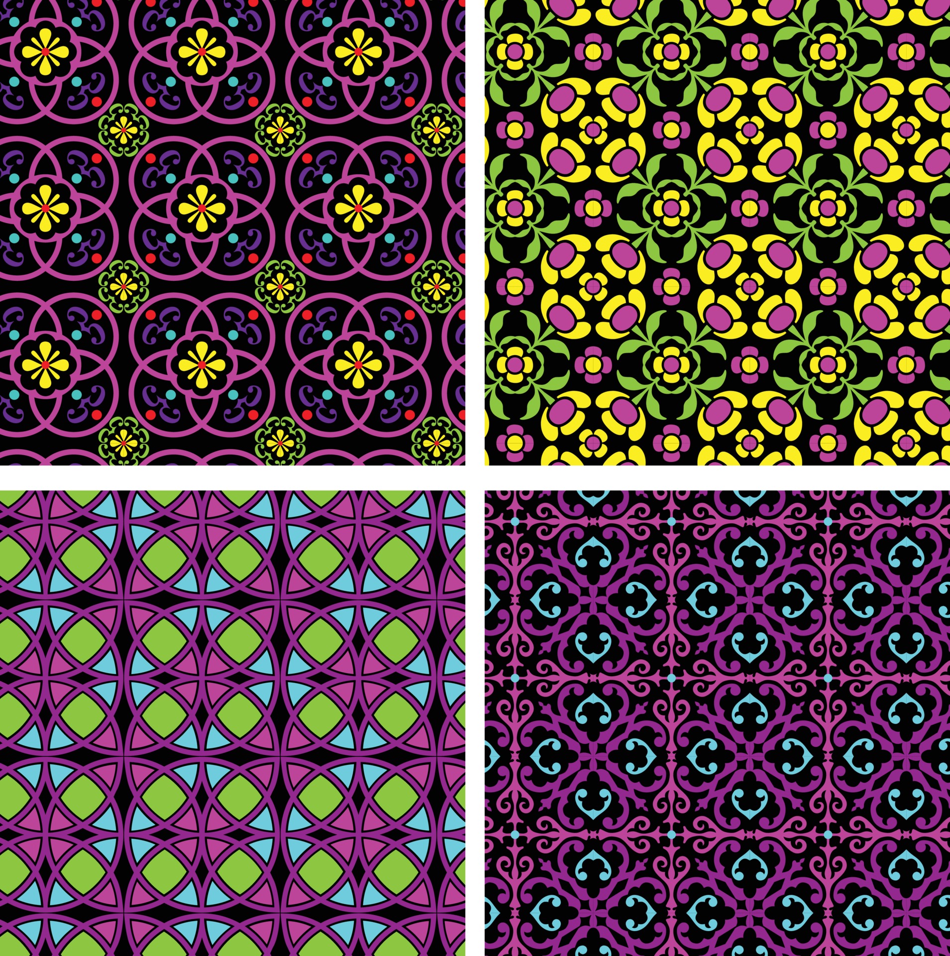 neon mod rnate seamless geometric and floral tile patterns on black ...