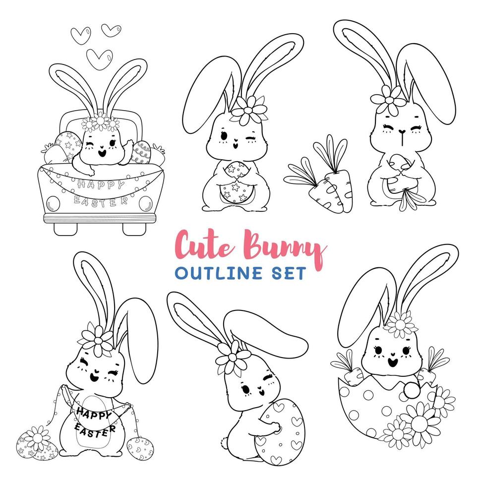 Cute digital stamp spring Easter bunny cartoon outline, coloring page ...