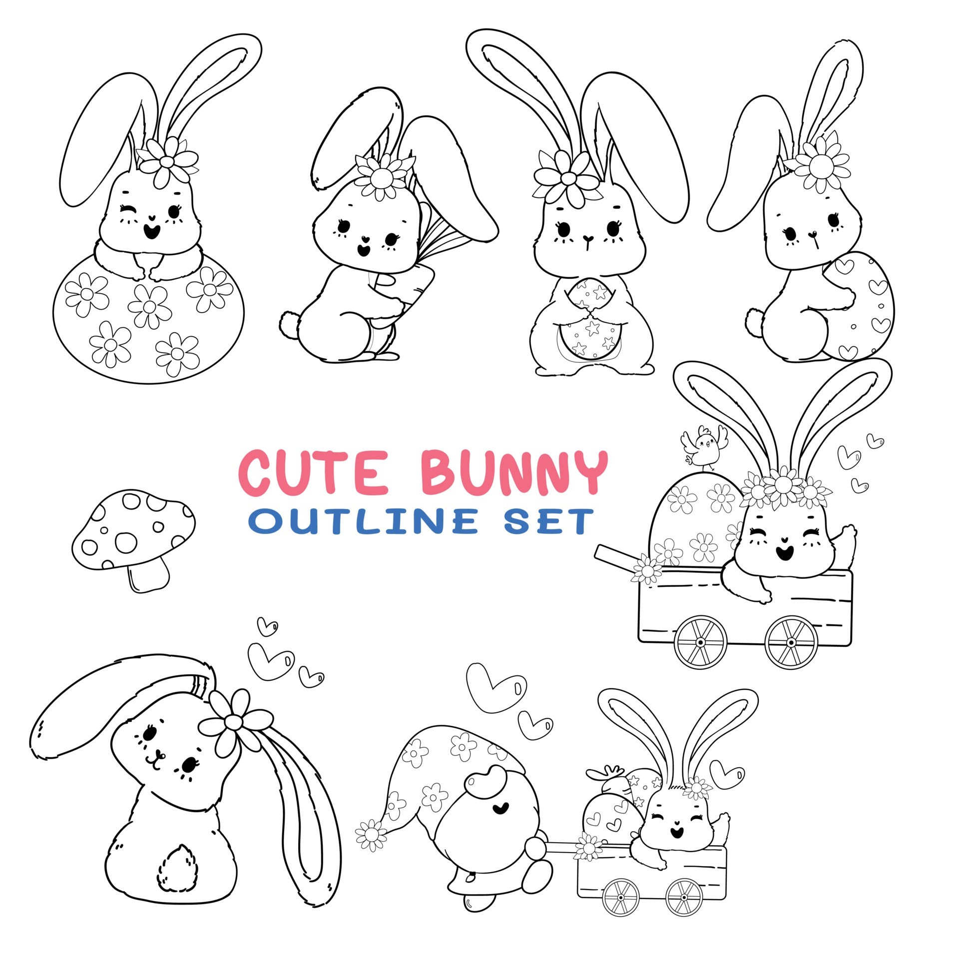 Cute digital stamp spring Easter bunny cartoon outline, coloring page ...