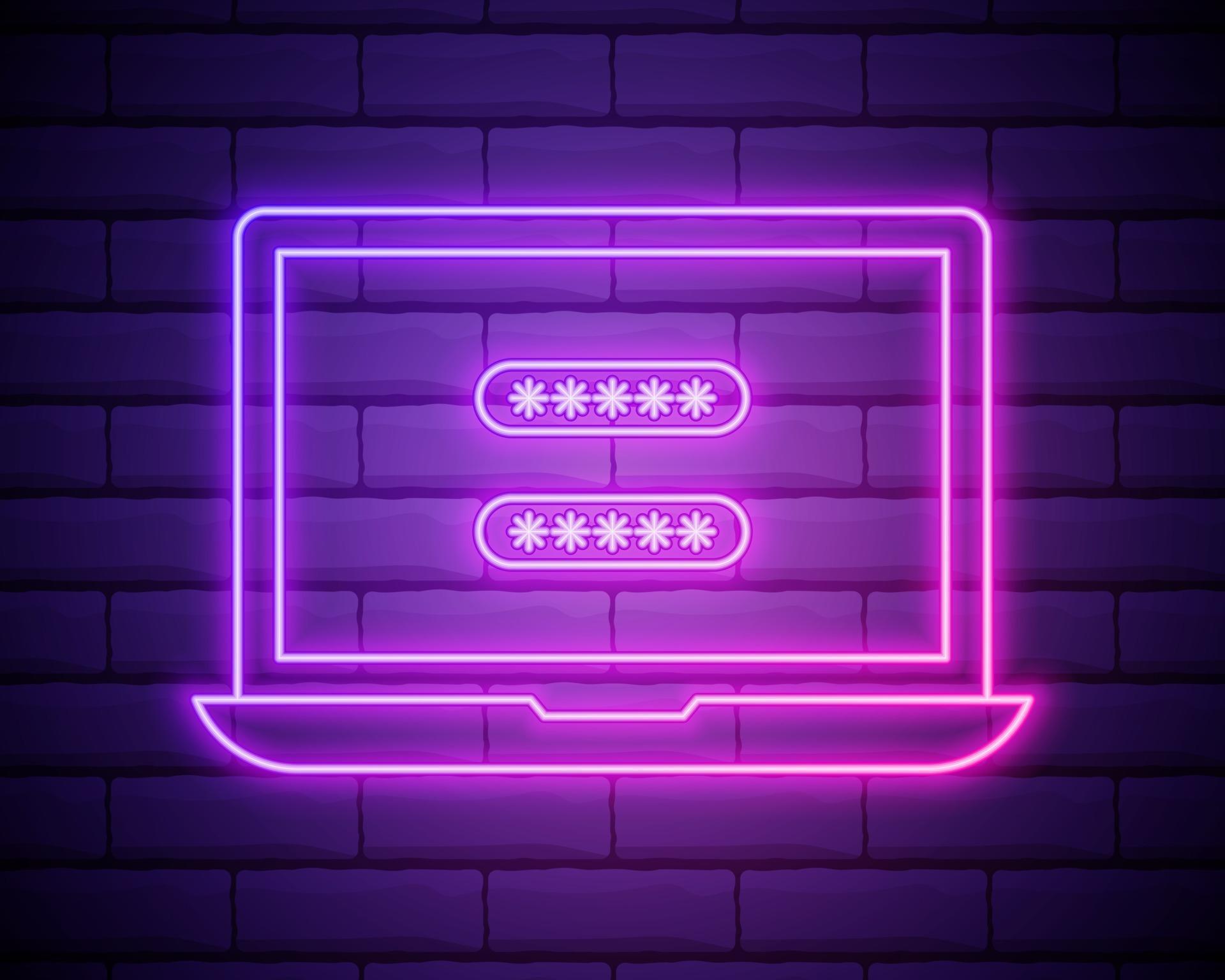 Glowing Neon Laptop With Password Notification Icon Isolated On Brick