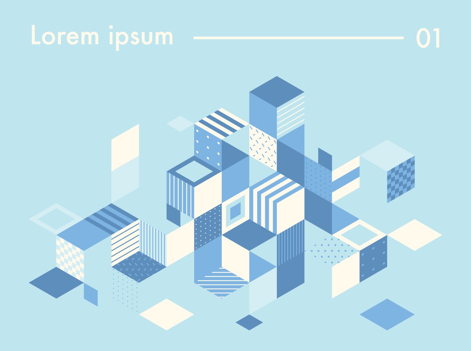 Squares with various patterns spread out to create cubes. Simple ...