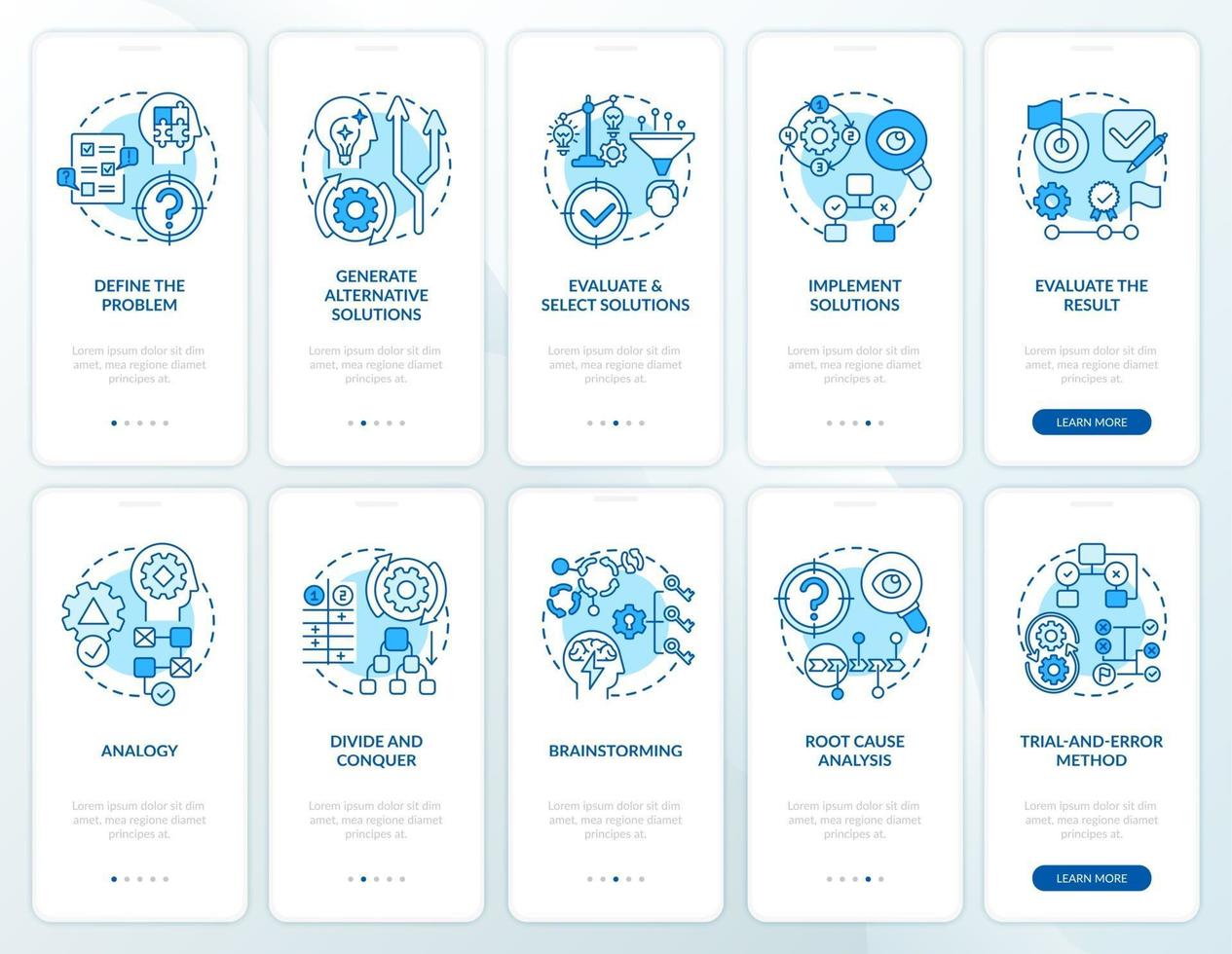 Problem Solving Blue Onboarding Mobile App Page Screen With Concepts