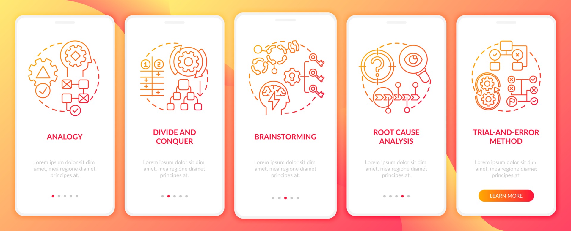 Problem Solving Strategies Red Onboarding Mobile App Page Screen With Concepts 2210601 Vector