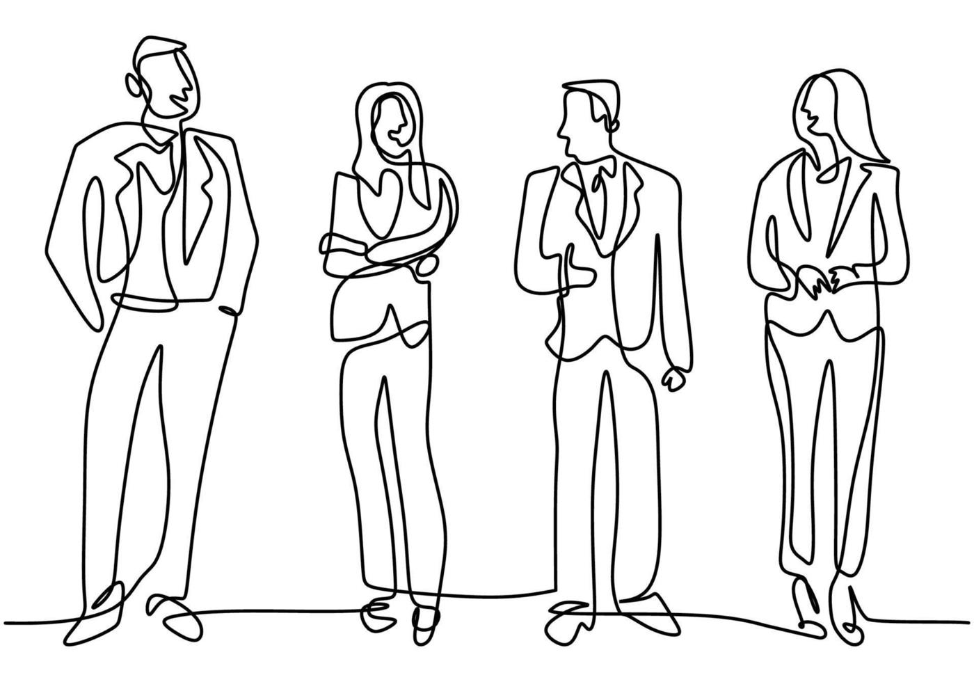 Continuous Line Drawing Of Business People Standing With Gentle And Confident Pose Character