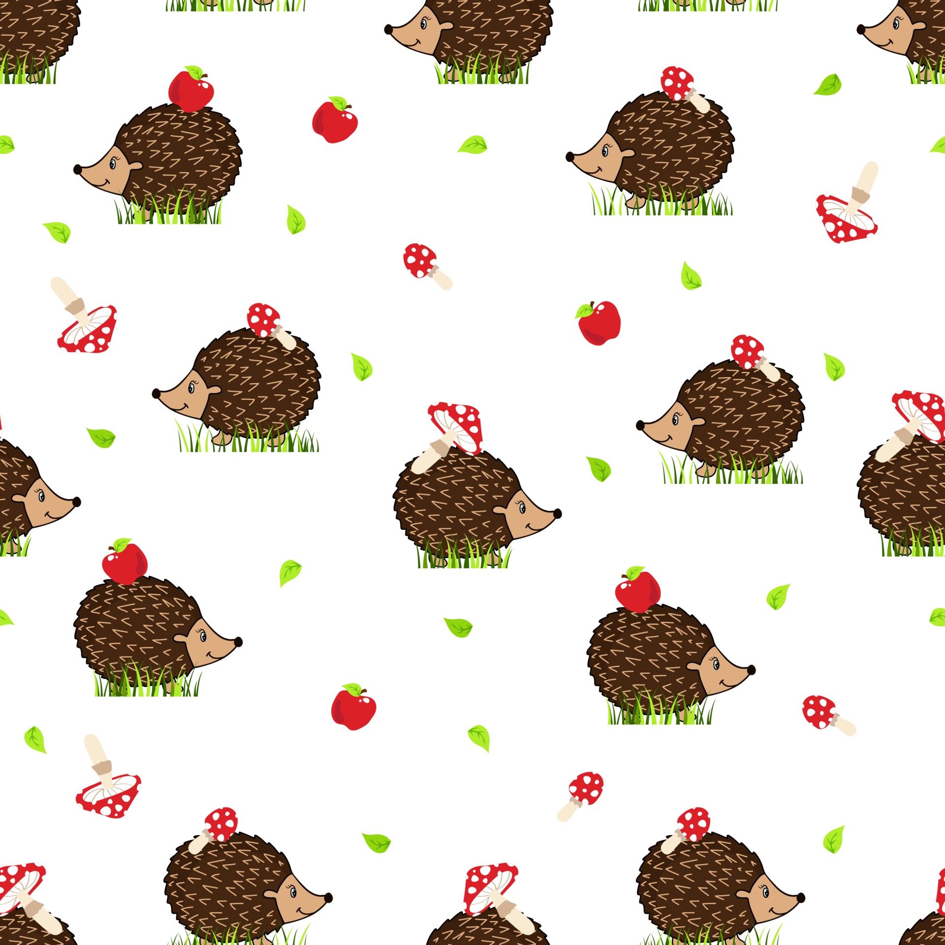 Hedgehogs with mushrooms and apples on the grass. Seamless pattern with ...