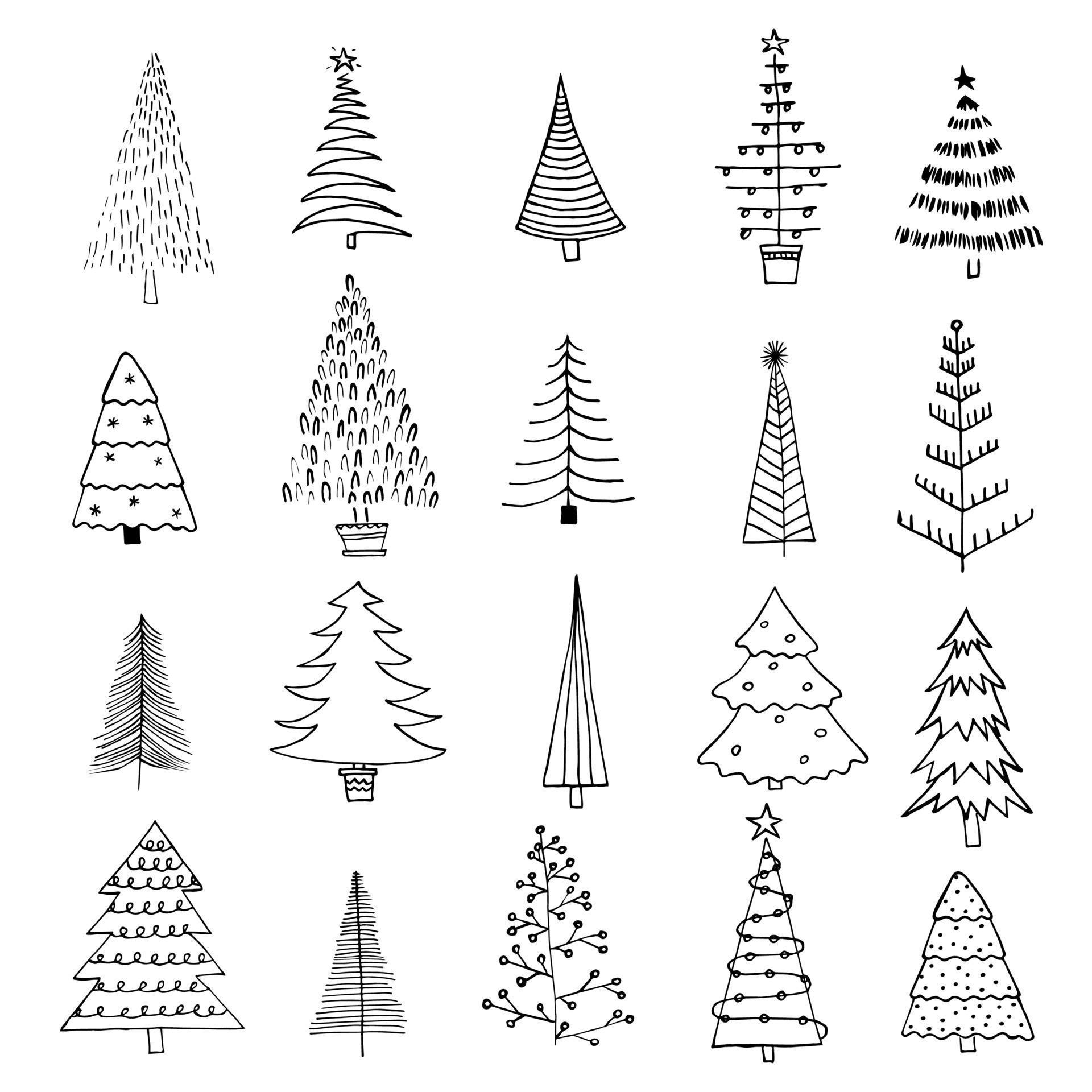 Collection of 20 different Christmas trees. Black liner rough hand ...