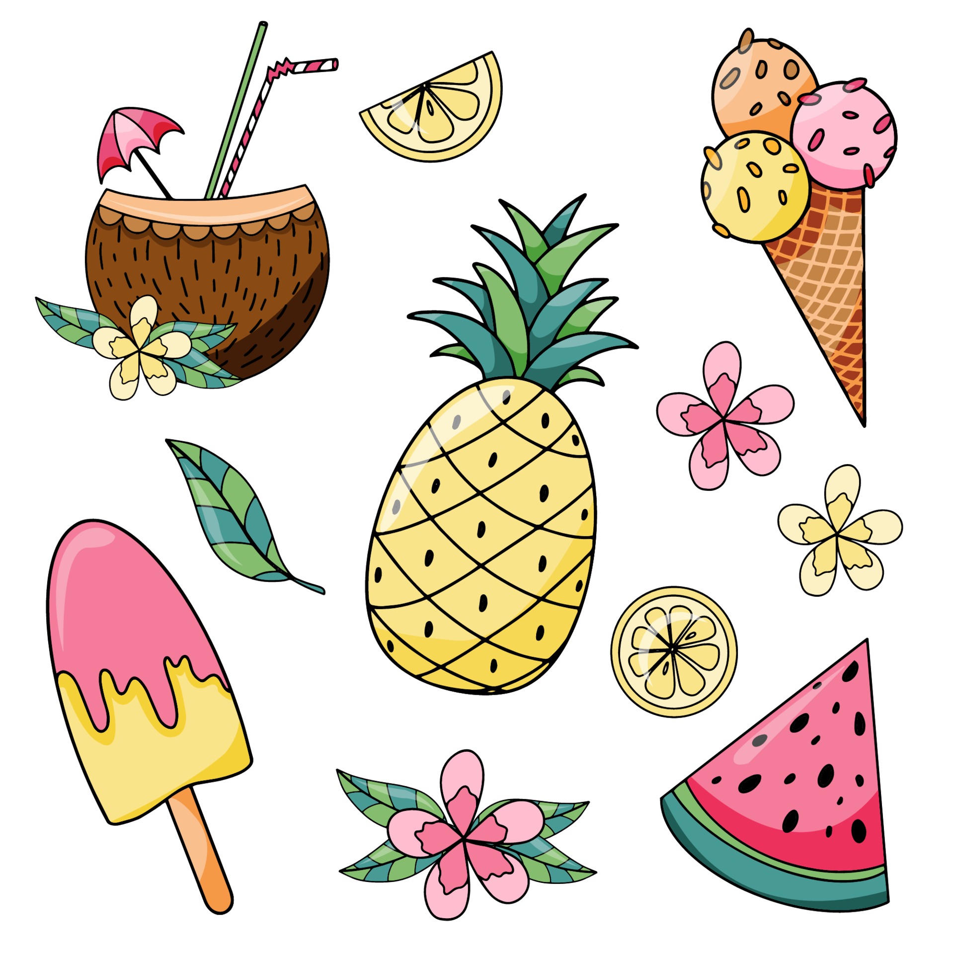 Summer holiday set with pineapple, slice watermelon, ice cream, lemon ...