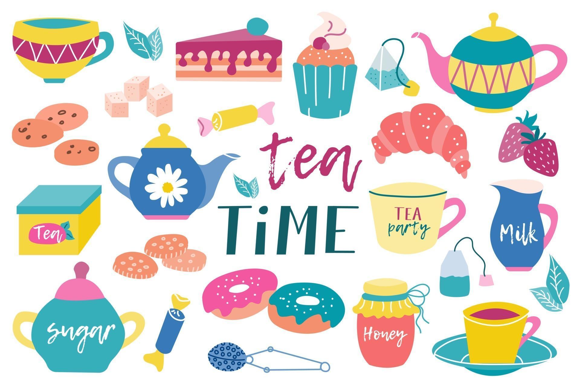 Large tea set. Teapots, hand-drawn cups. Sweets, candies, cookies, cake ...
