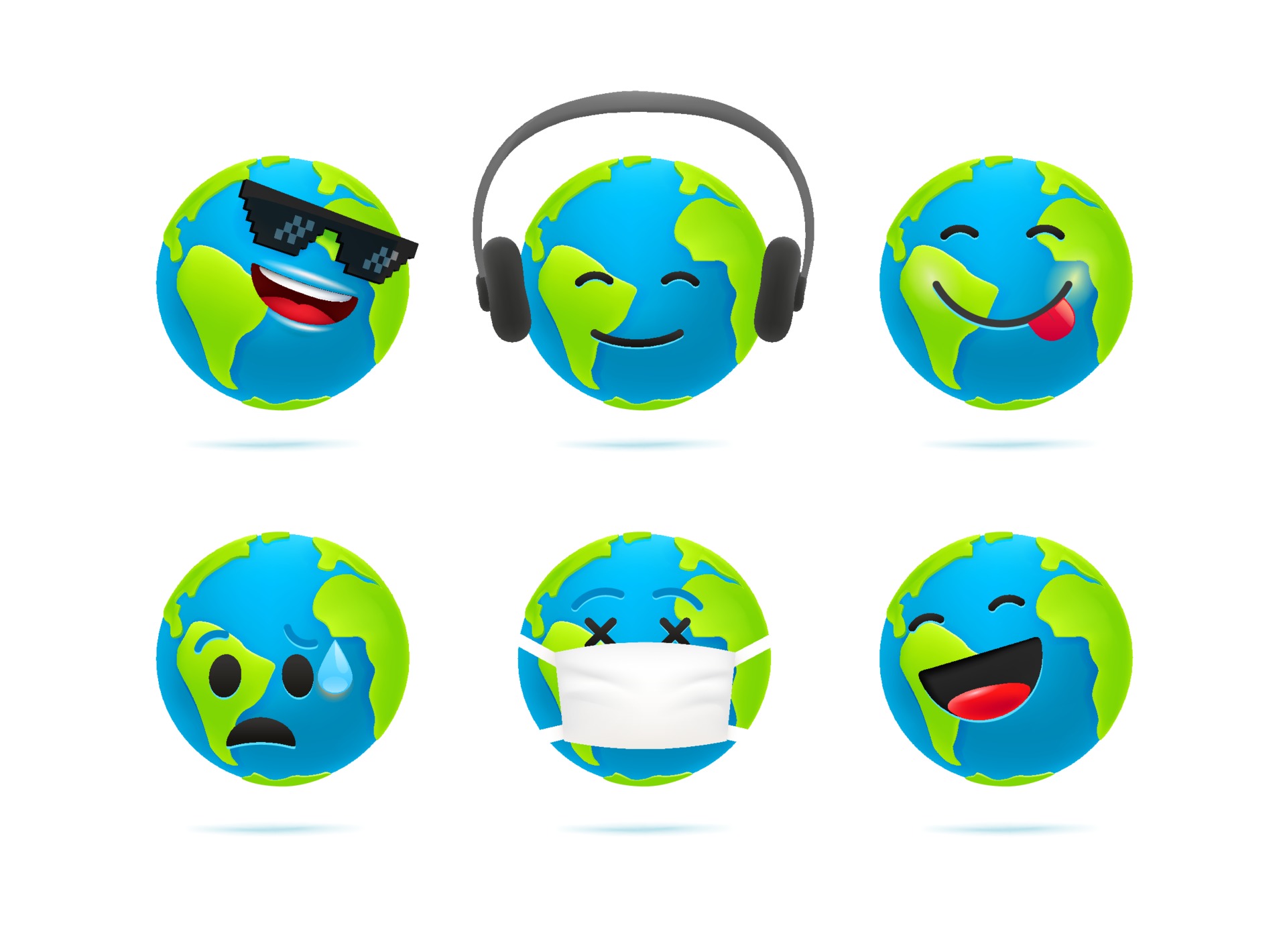 Cute Earth character emoticons vector set. 3d style funny Earth icons ...