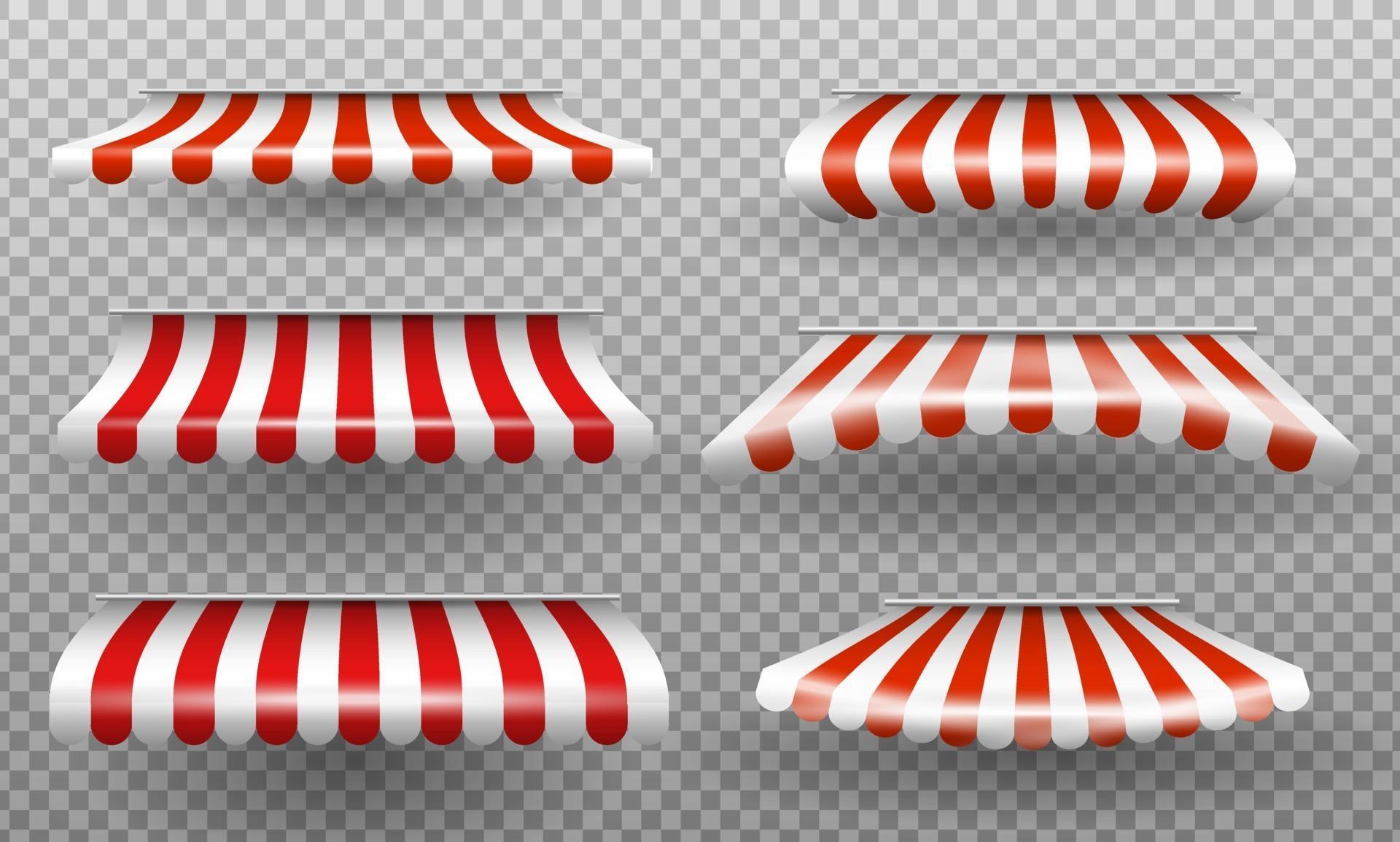 Red and white sunshade. Outdoor awnings for cafe and shop window isolated vector set. Sunshade ...