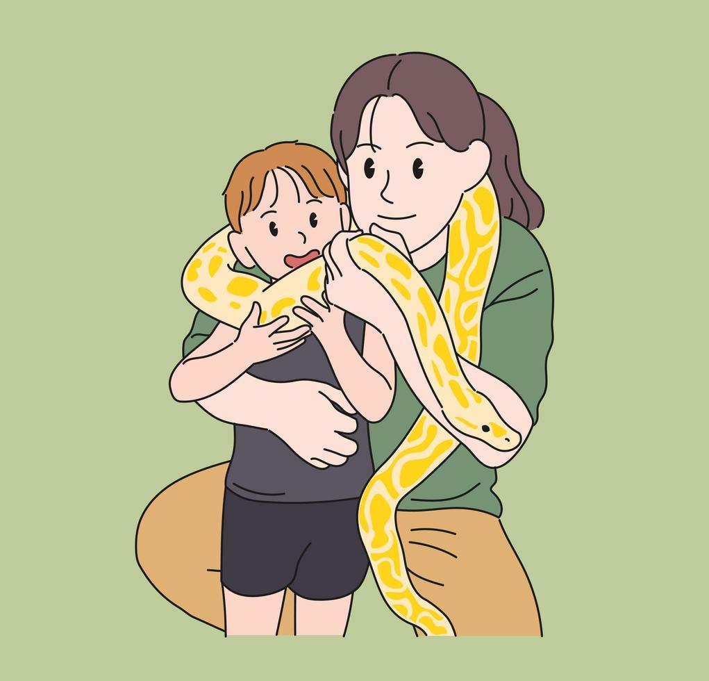 Mother and child are experiencing pythons around their necks. hand ...