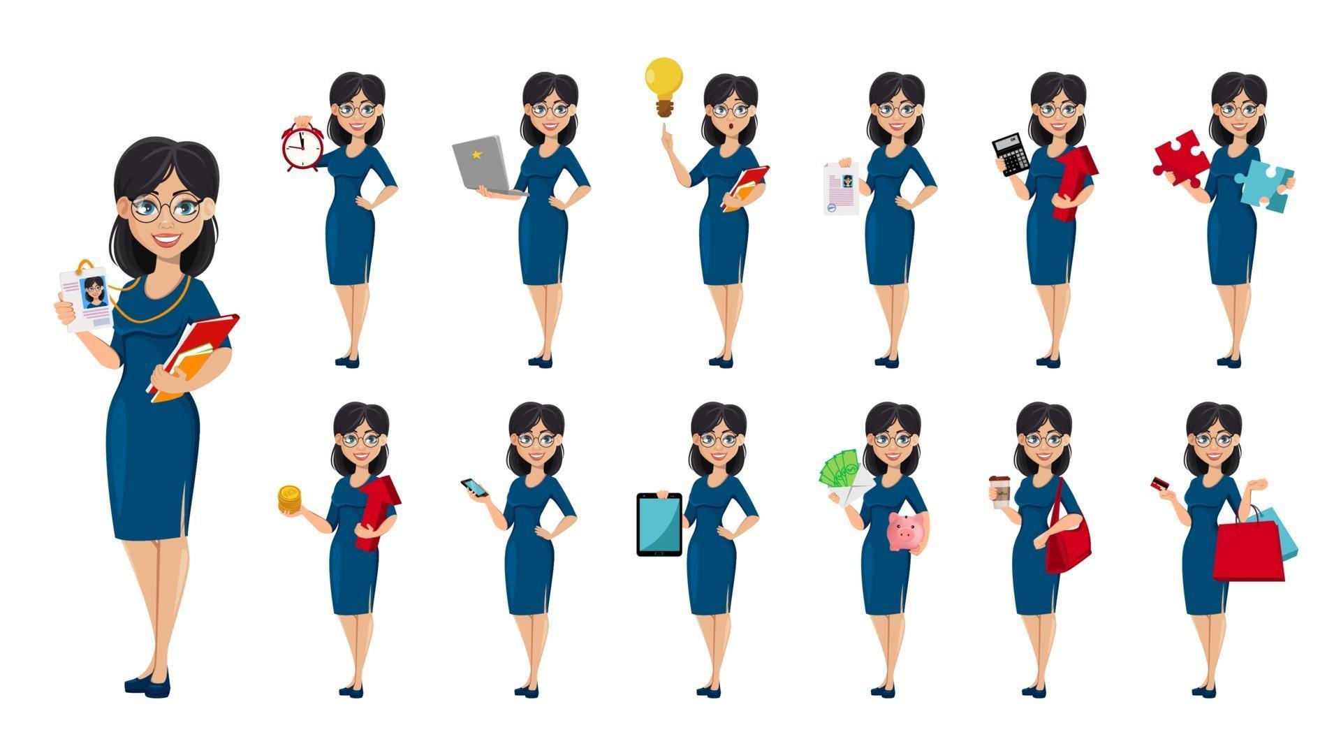 Young beautiful business woman in blue dress 2231315 Vector Art at Vecteezy