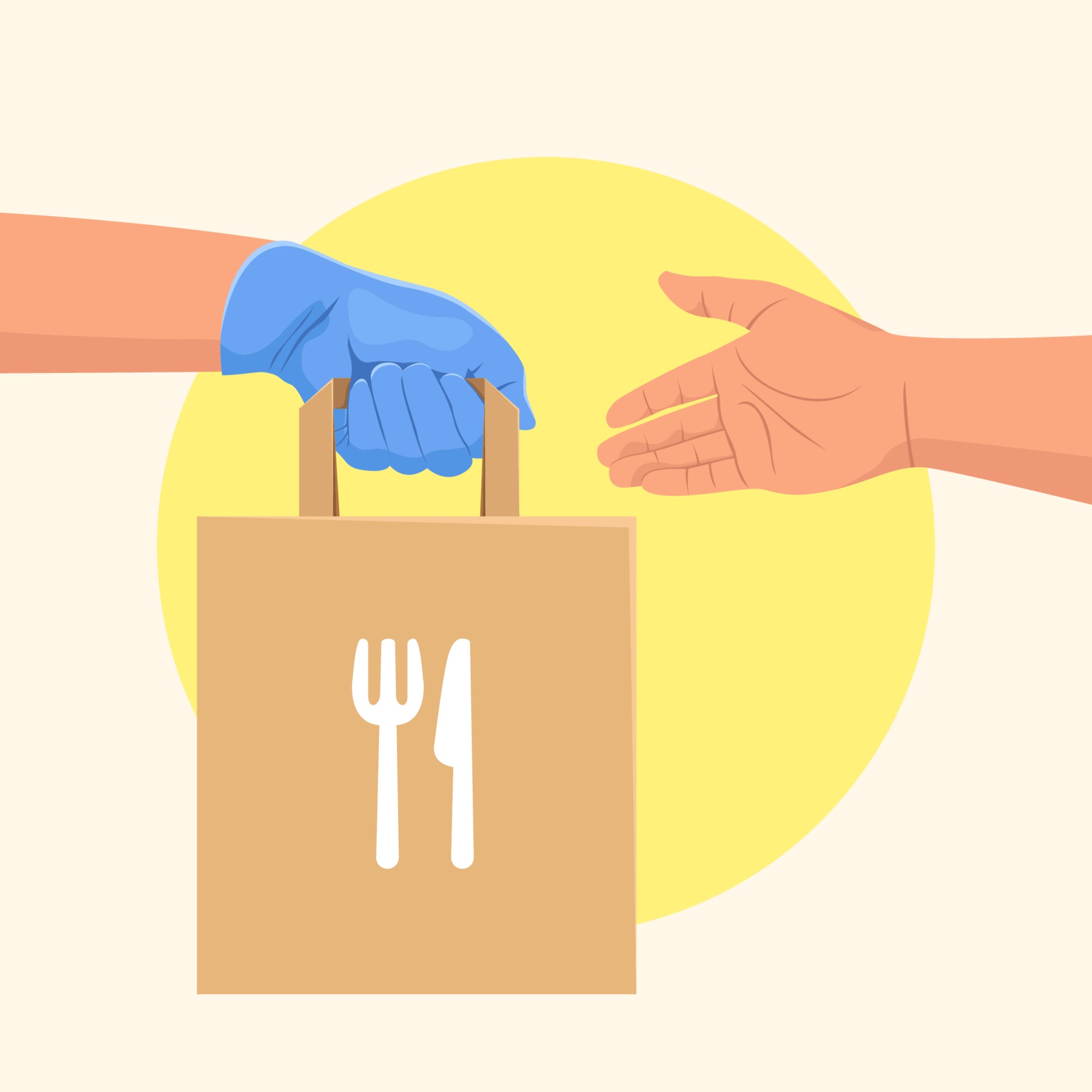 Couriers hand in blue protective rubber glove delivering food bags to ... Couriers hand in blue protective rubber glove delivering food bags to ...