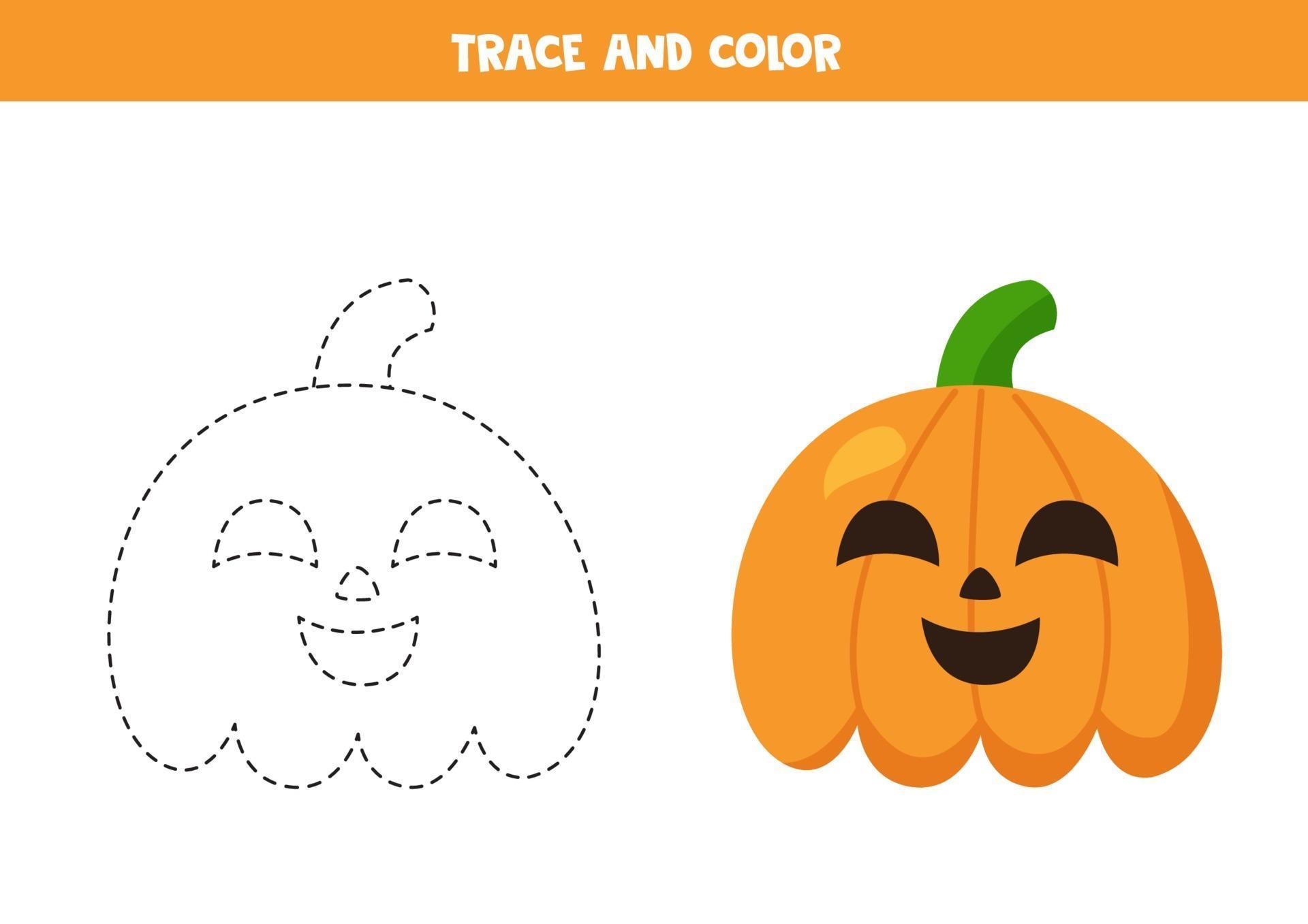 Trace and color cartoon Halloween pumpkins. Handwriting practice ...