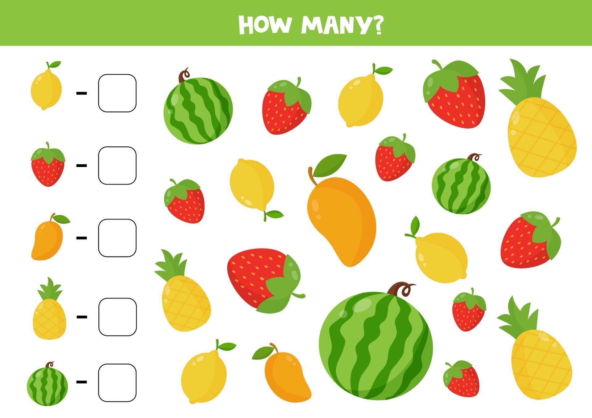 Counting game with vector fruits and berries. Colorful worksheet ...