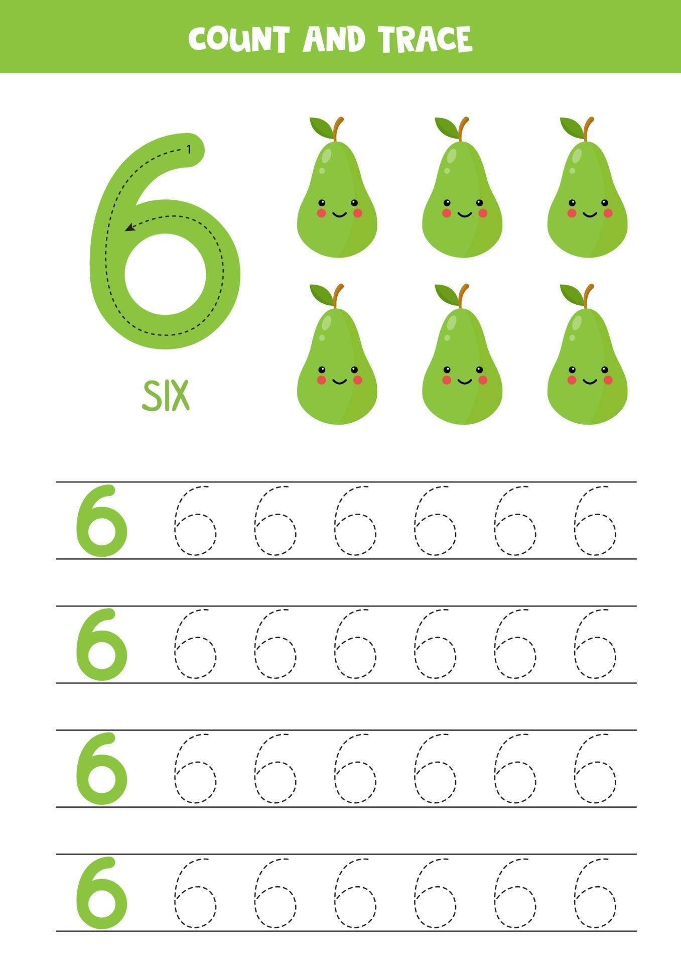 Worksheet for learning numbers with cute kawaii pears. Number six ... Worksheet for learning numbers with cute kawaii pears. Number six ...