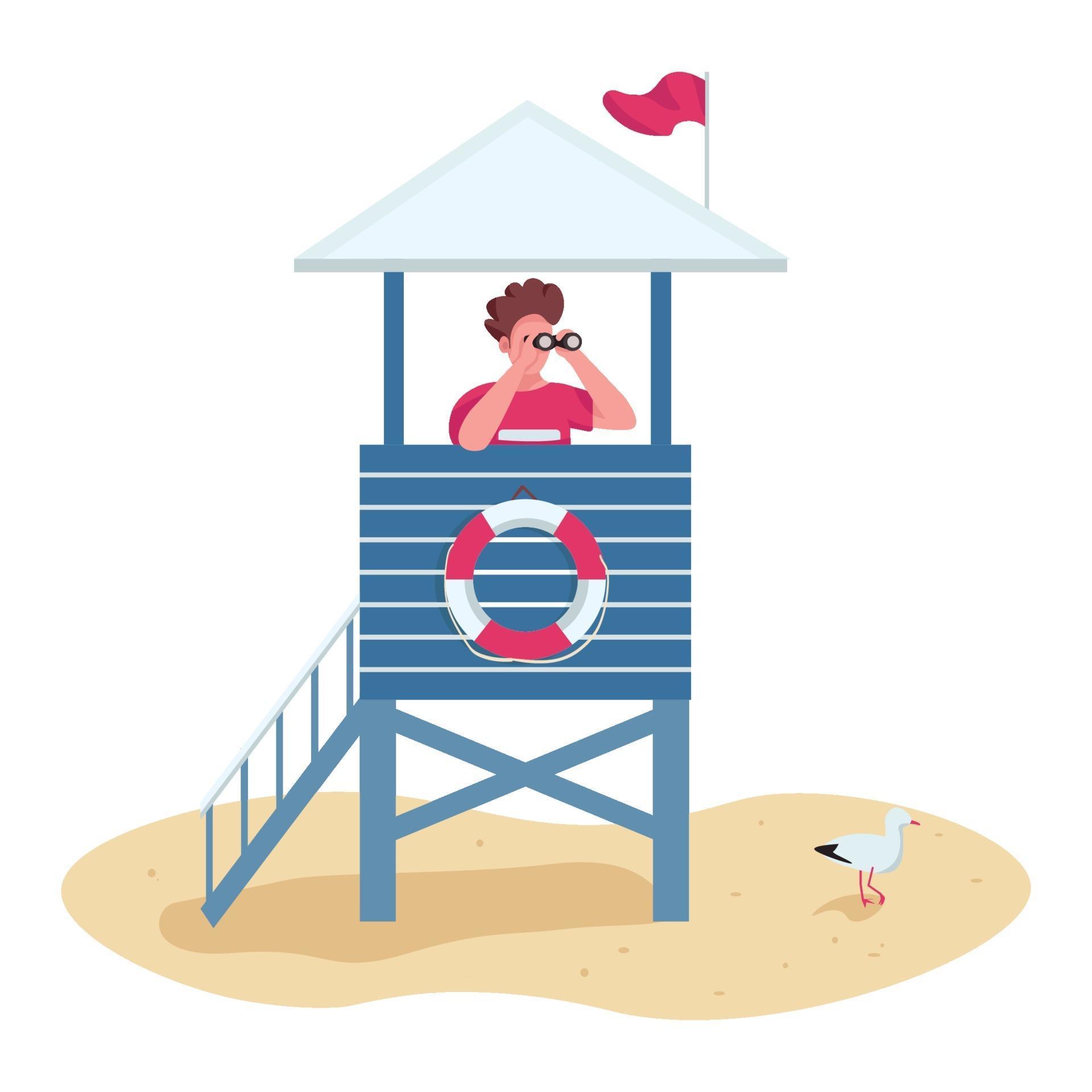 Rescuer with binoculars in lifeguard tower flat color vector faceless ...