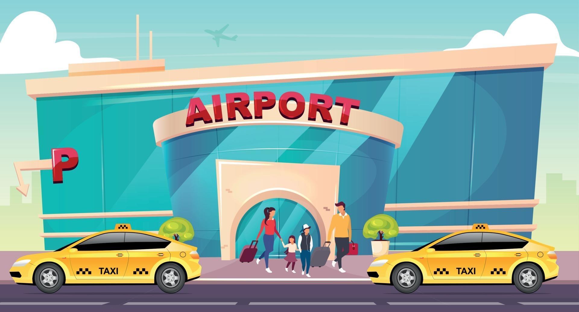 Airport flat color vector illustration. Transportation for arrival ... Airport flat color vector illustration. Transportation for arrival ...