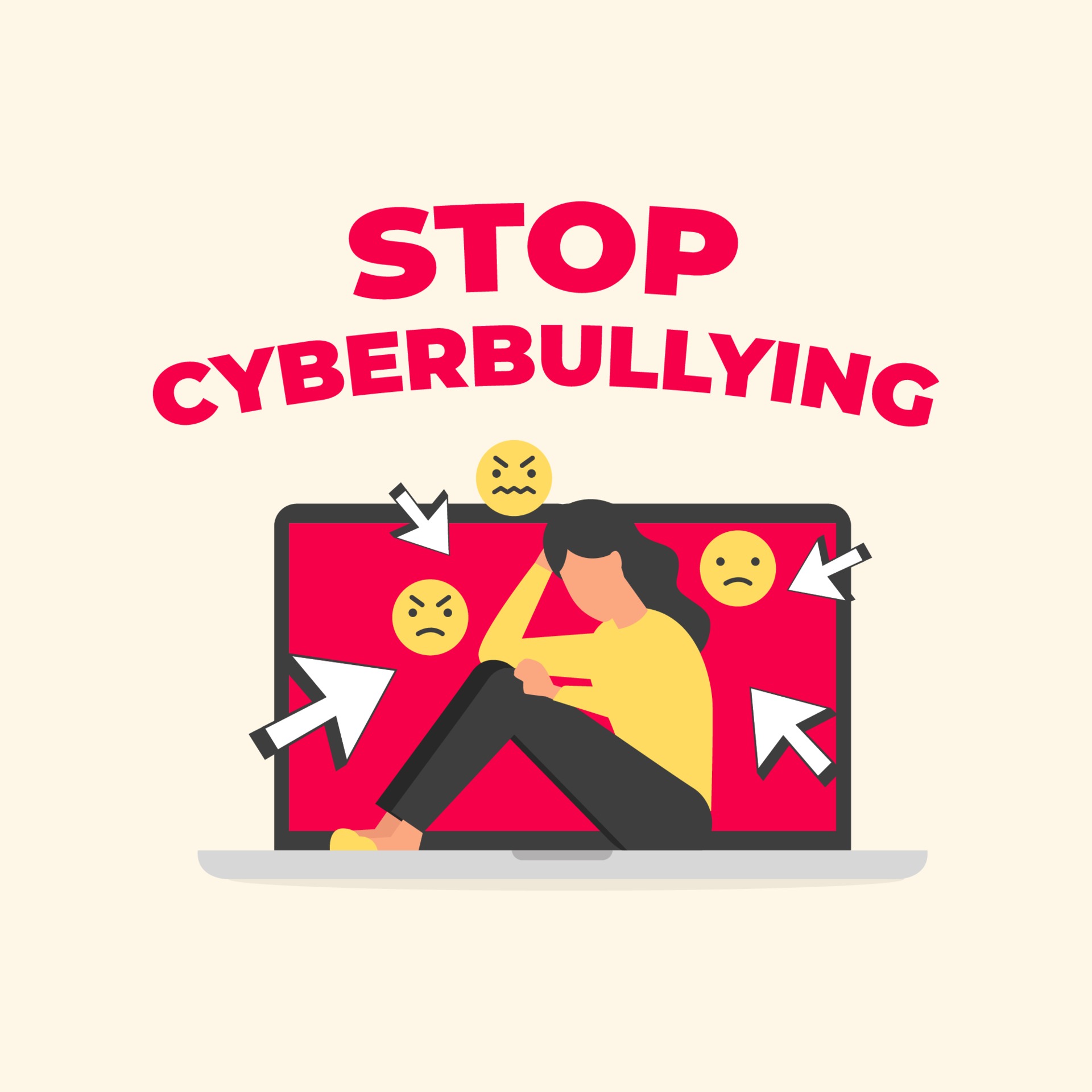 Stop Cyberbullying text with sad woman sitting on laptop. Social media ... Stop Cyberbullying text with sad woman sitting on laptop. Social media ...