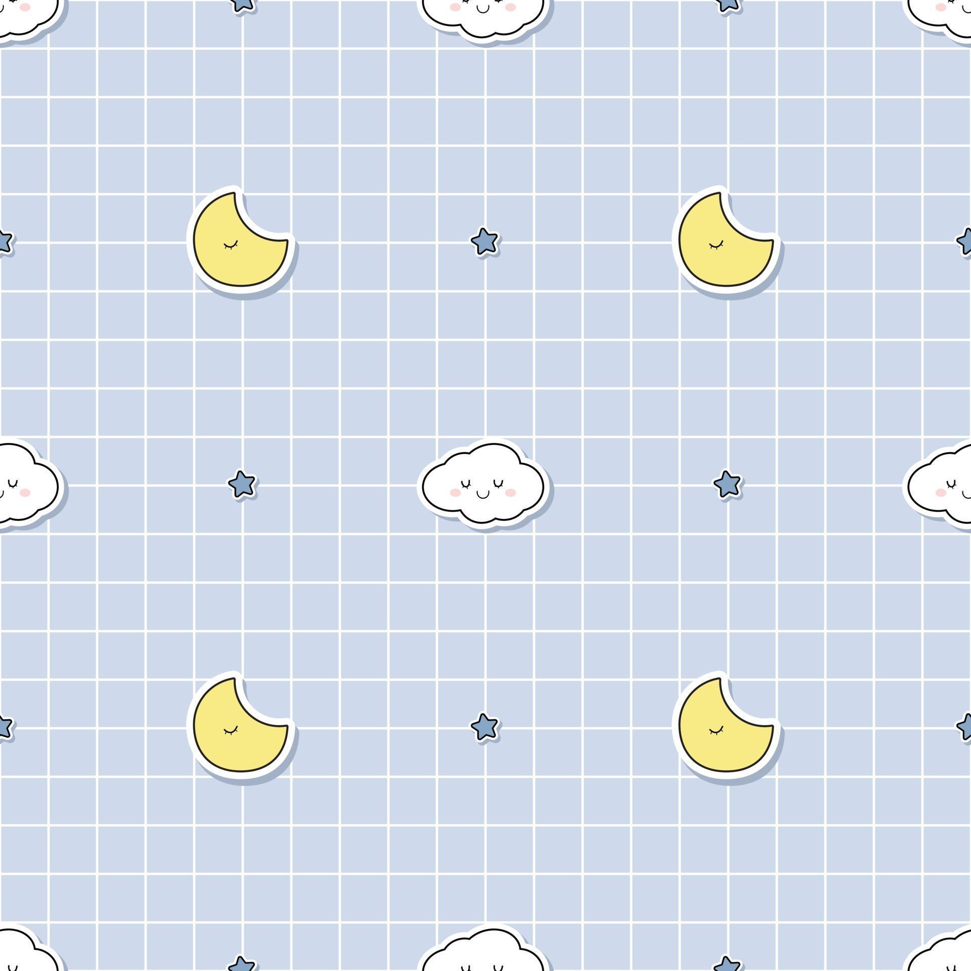 Cute Cloud And Moon On Grid Background Cartoon Doodle Seamless Pattern