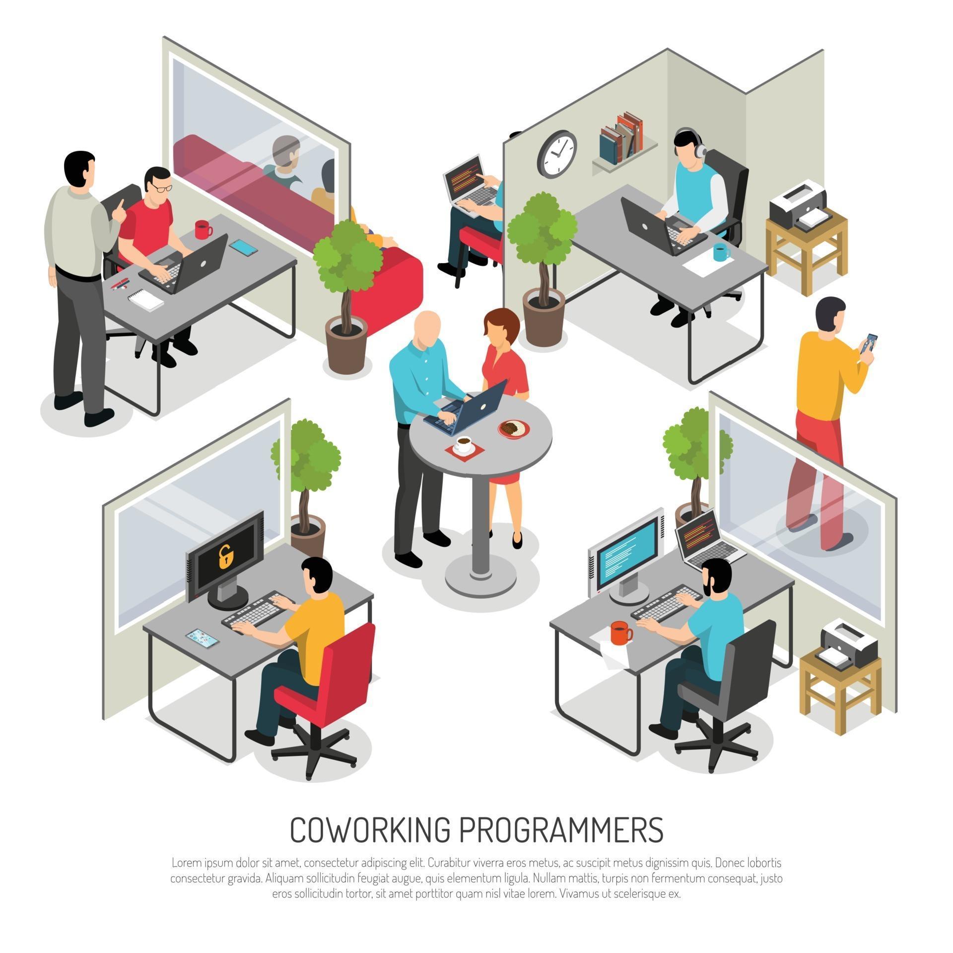 Programmers Coworking Space Isometric Composition Vector Illustration 2273669 Vector Art At Vecteezy