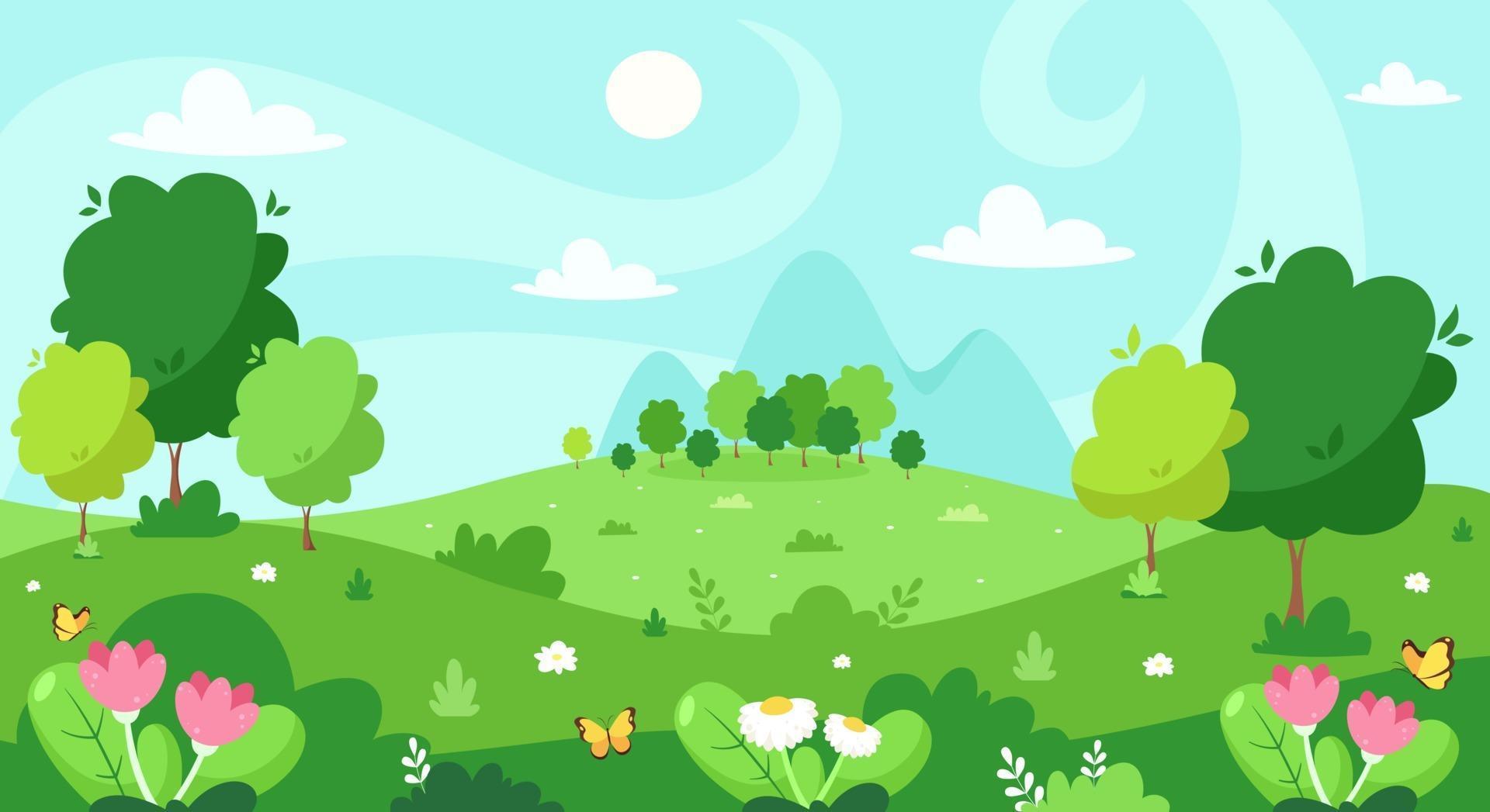 Spring landscape with trees, mountains, fields, flowers. Vector ...