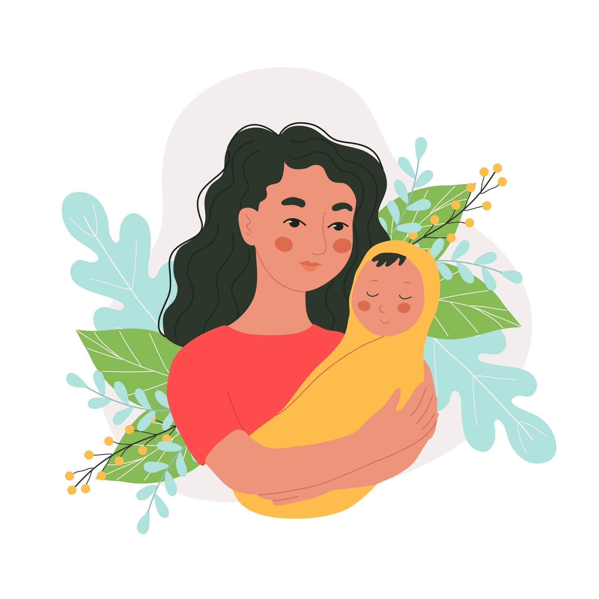 Mujer Sosteniendo A Un Pequeño Bebé En Sus Brazos Maternidad Feliz Personajes Vectoriales En