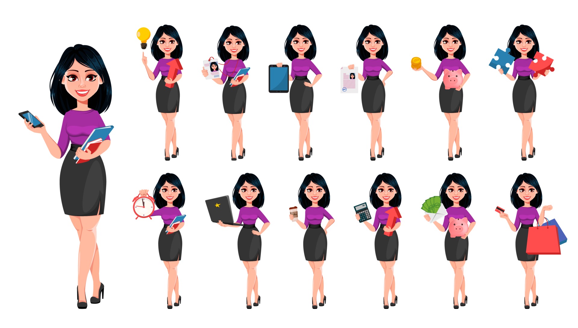Beautiful business woman with dark hair, set 2289109 Vector Art at Vecteezy