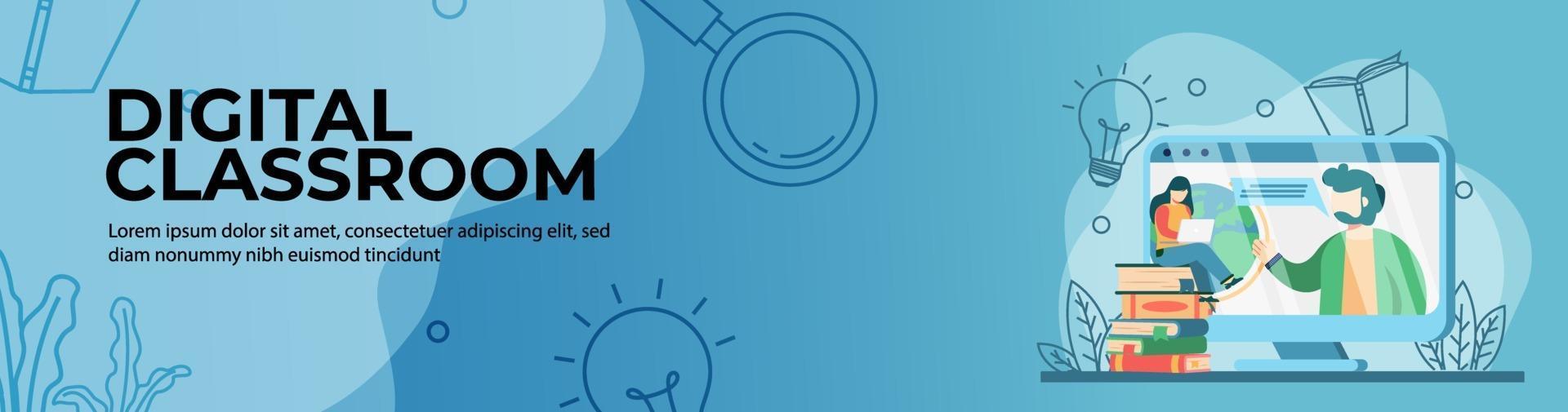 Digital Classroom Web Banner Design. student watching teacher on online ...