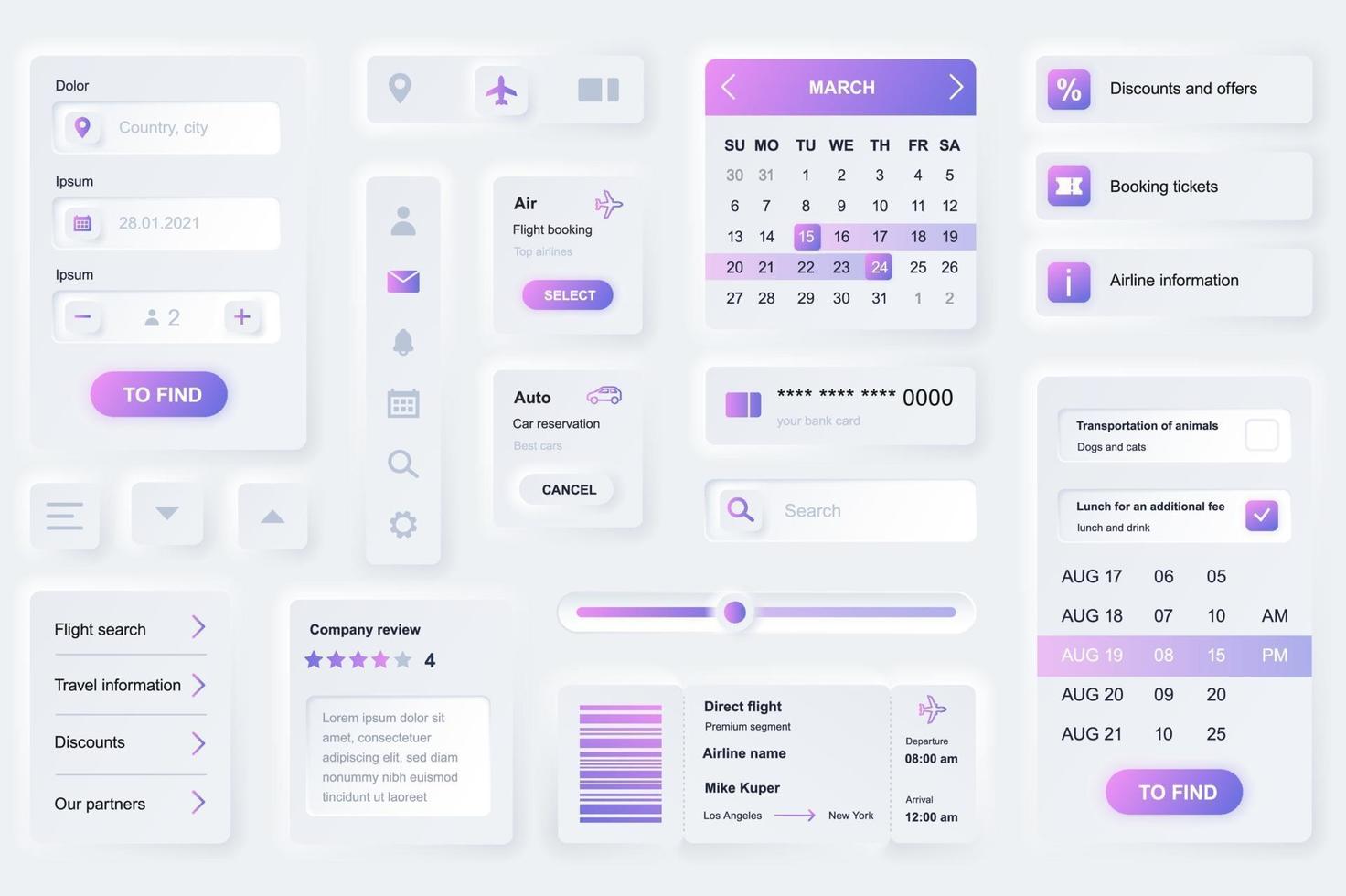 User interface elements for travel booking mobile app neumorphic design ... User interface elements for travel booking mobile app neumorphic design ...