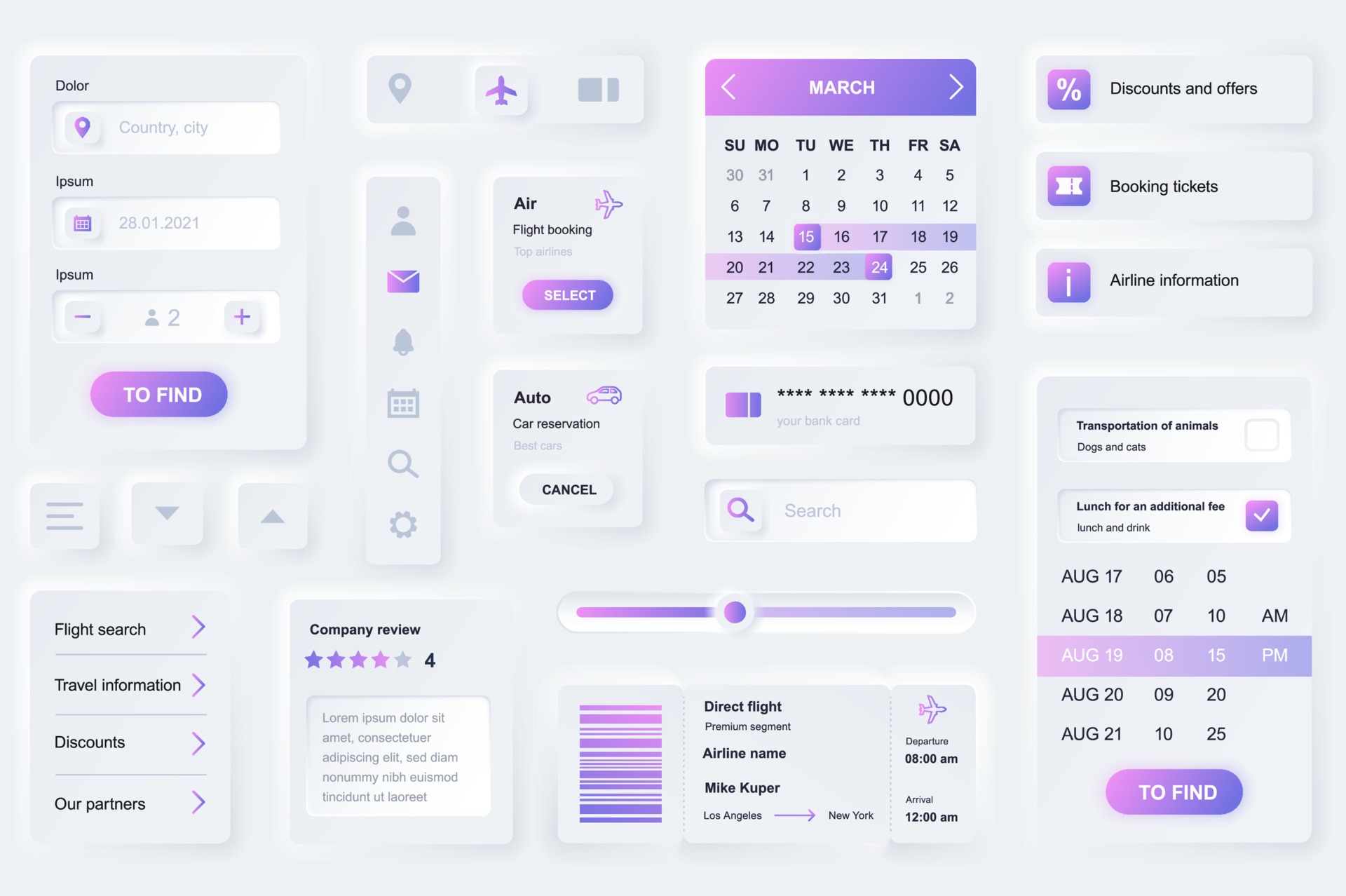 User Interface Elements For Travel Booking Mobile App Neumorphic Design