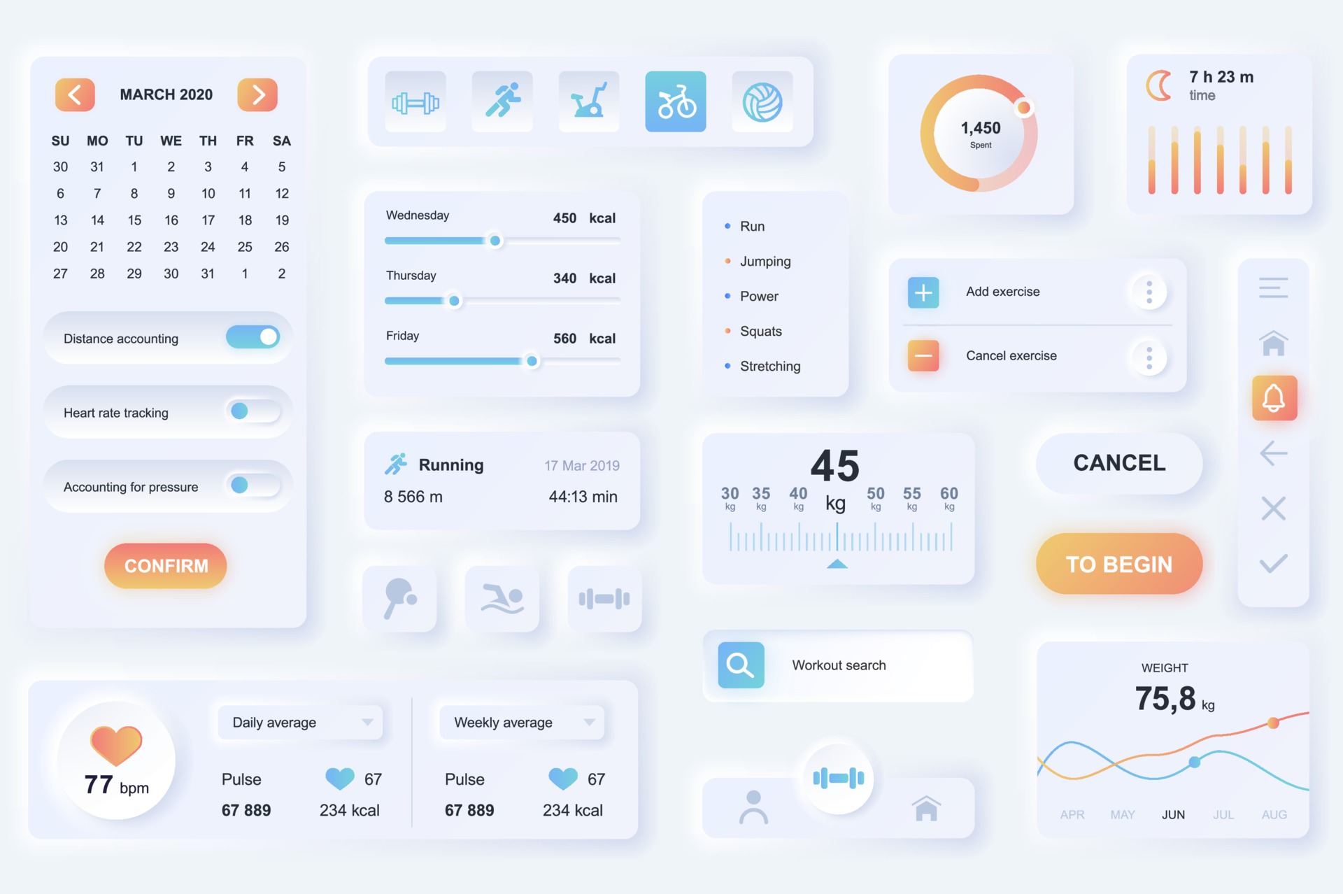 User Interface Elements For Fitness Mobile App Neumorphic Design Ui