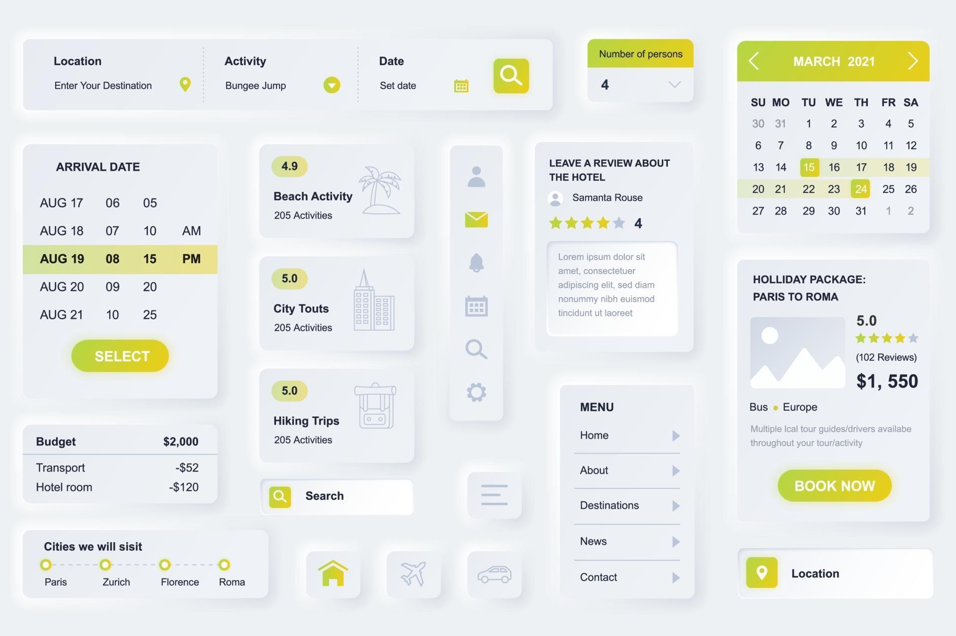 User interface elements for travel agency mobile app neumorphic design ...