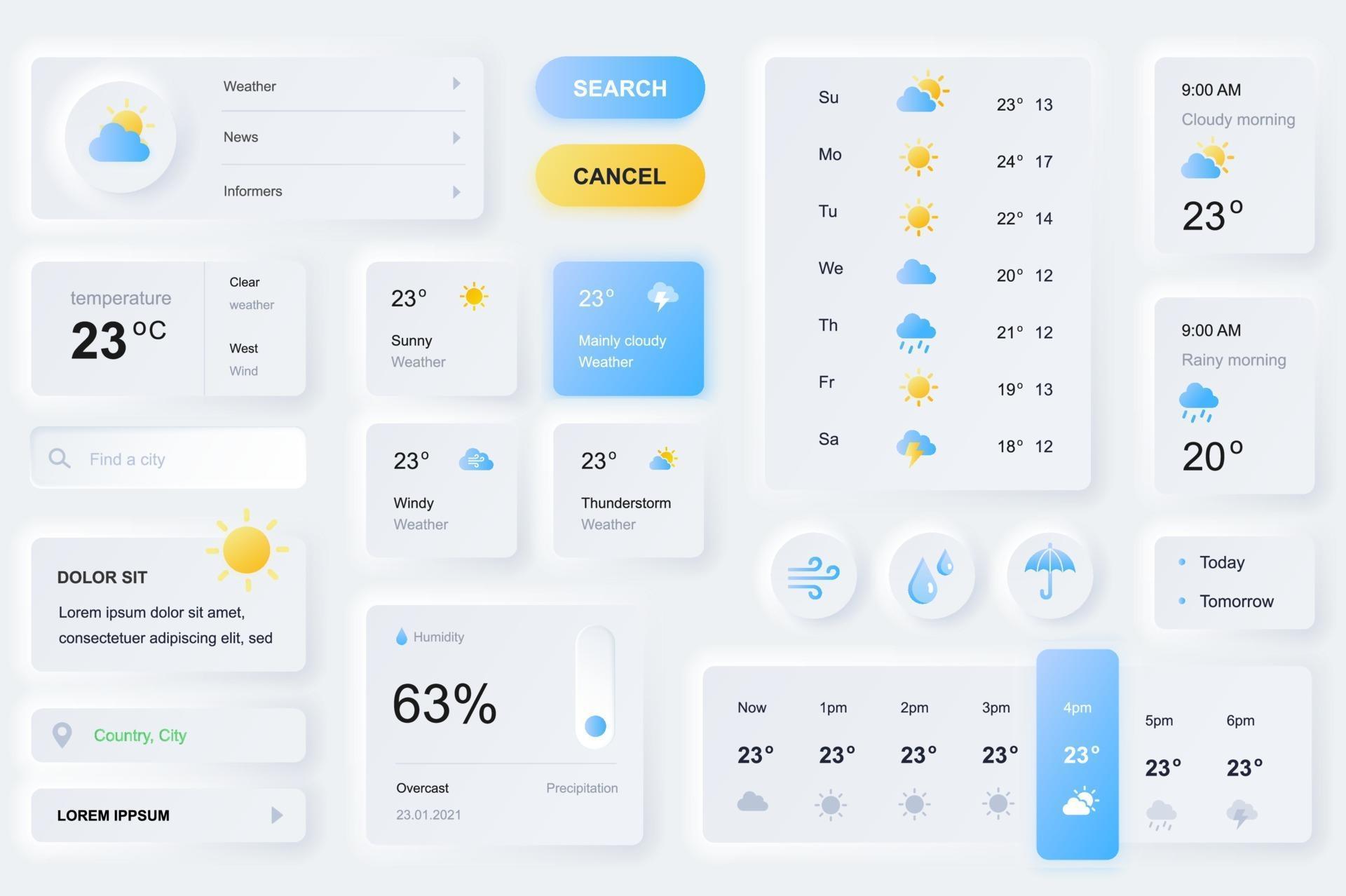User interface elements for weather forecast app neumorphic design UI ...