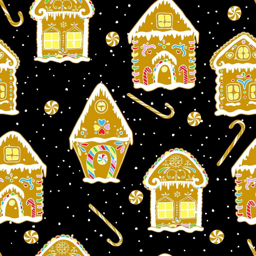 Christmas gingerbread seamless pattern with gingerbread houses on black ...