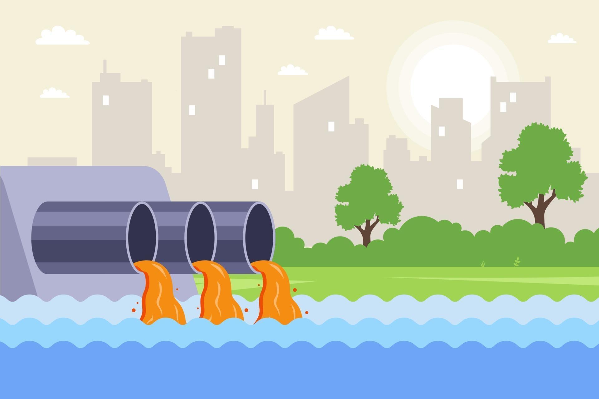 Las aguas residuales urbanas se vierten a través de tuberías al río ... Las aguas residuales urbanas se vierten a través de tuberías al río ...