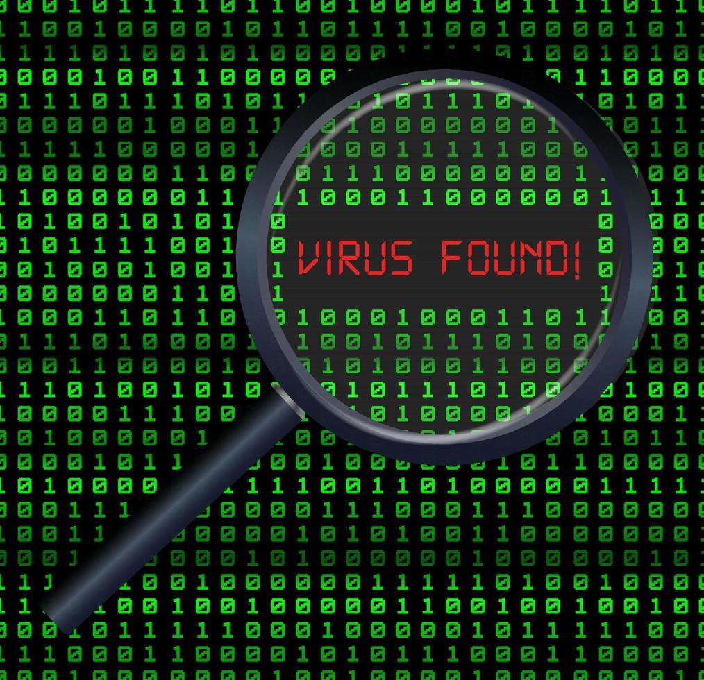 magnifying glass scanned and found virus on digital binary numeral ...