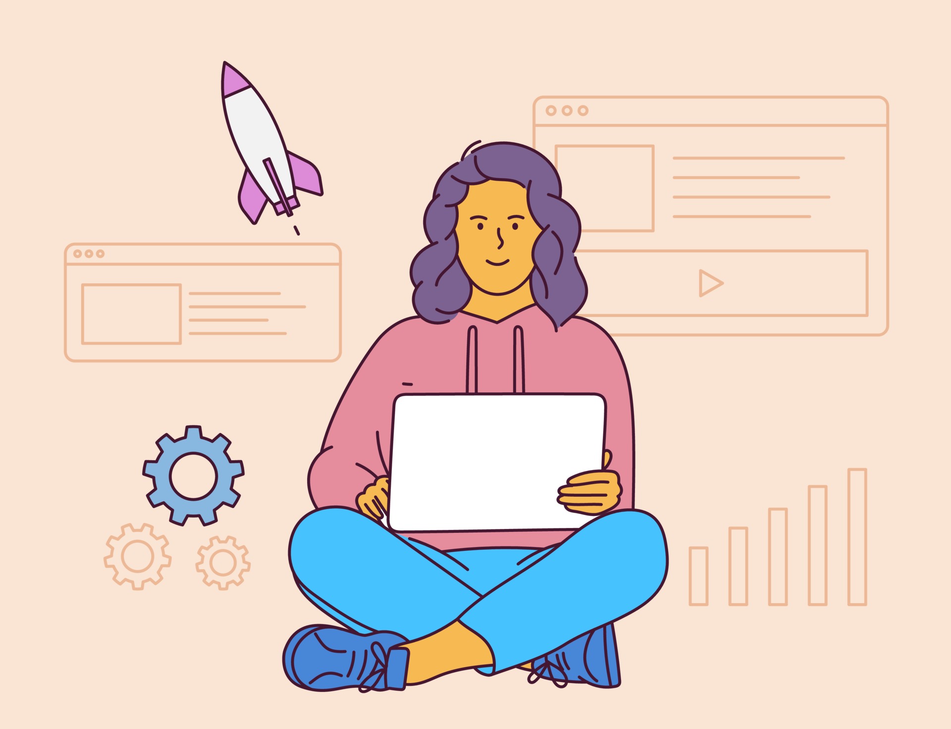 Startup business concept. Young smiling woman cartoon character sitting ... Startup business concept. Young smiling woman cartoon character sitting ...