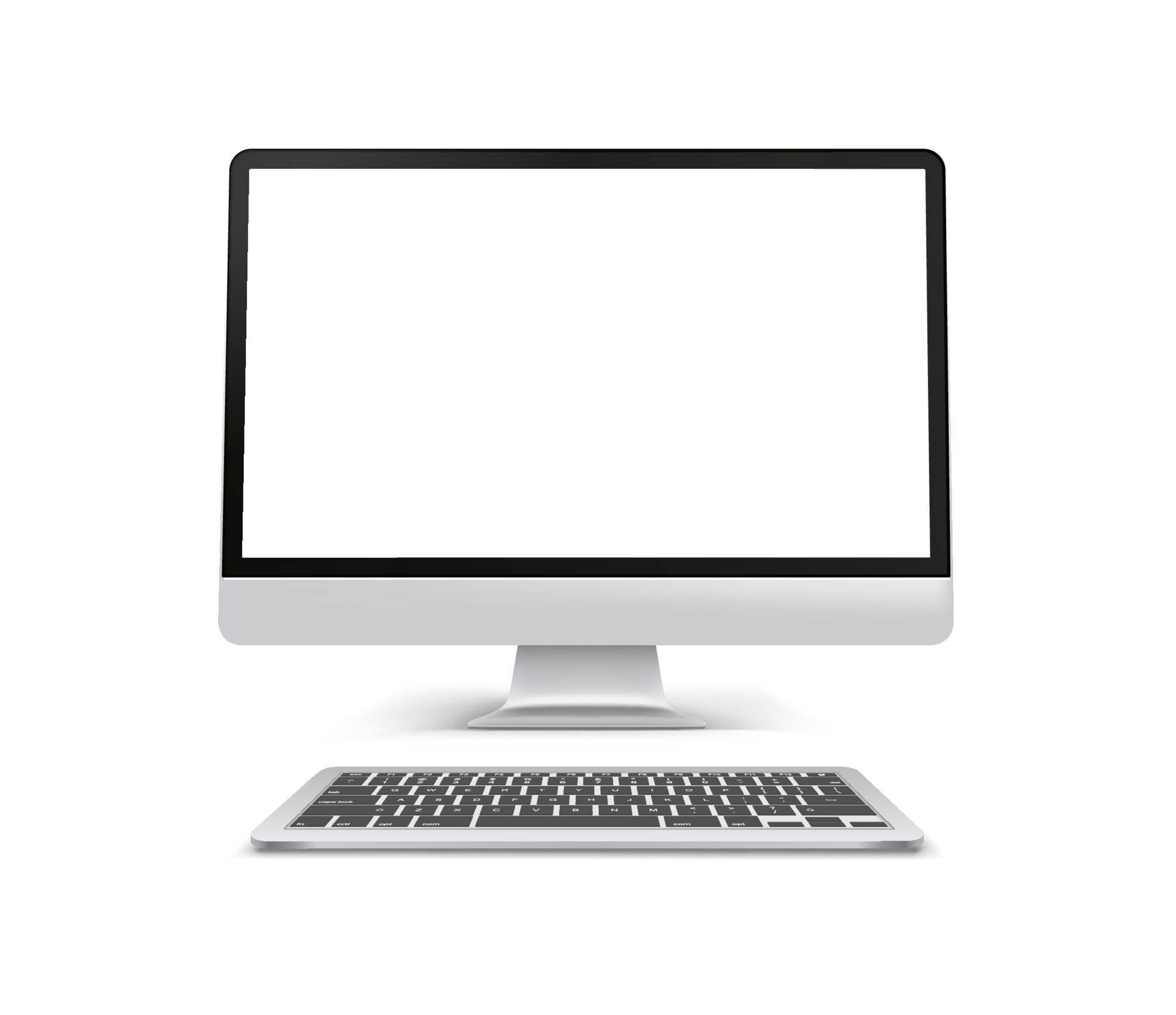 Modern personal computer and thin keyboard mockup with blank screen ...