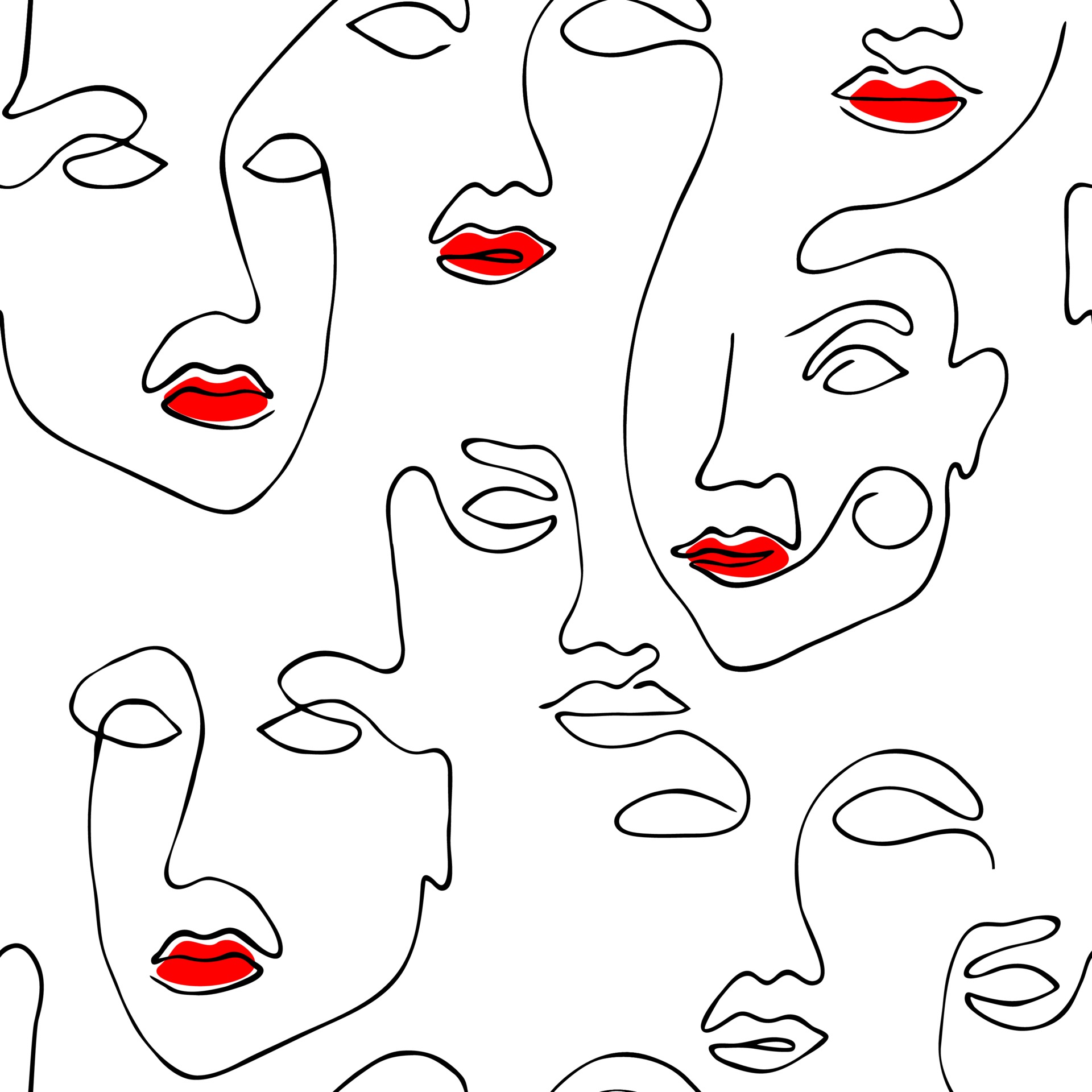 Drawing Abstract Face Seamless Pattern With Red Lips Modern Minimalism