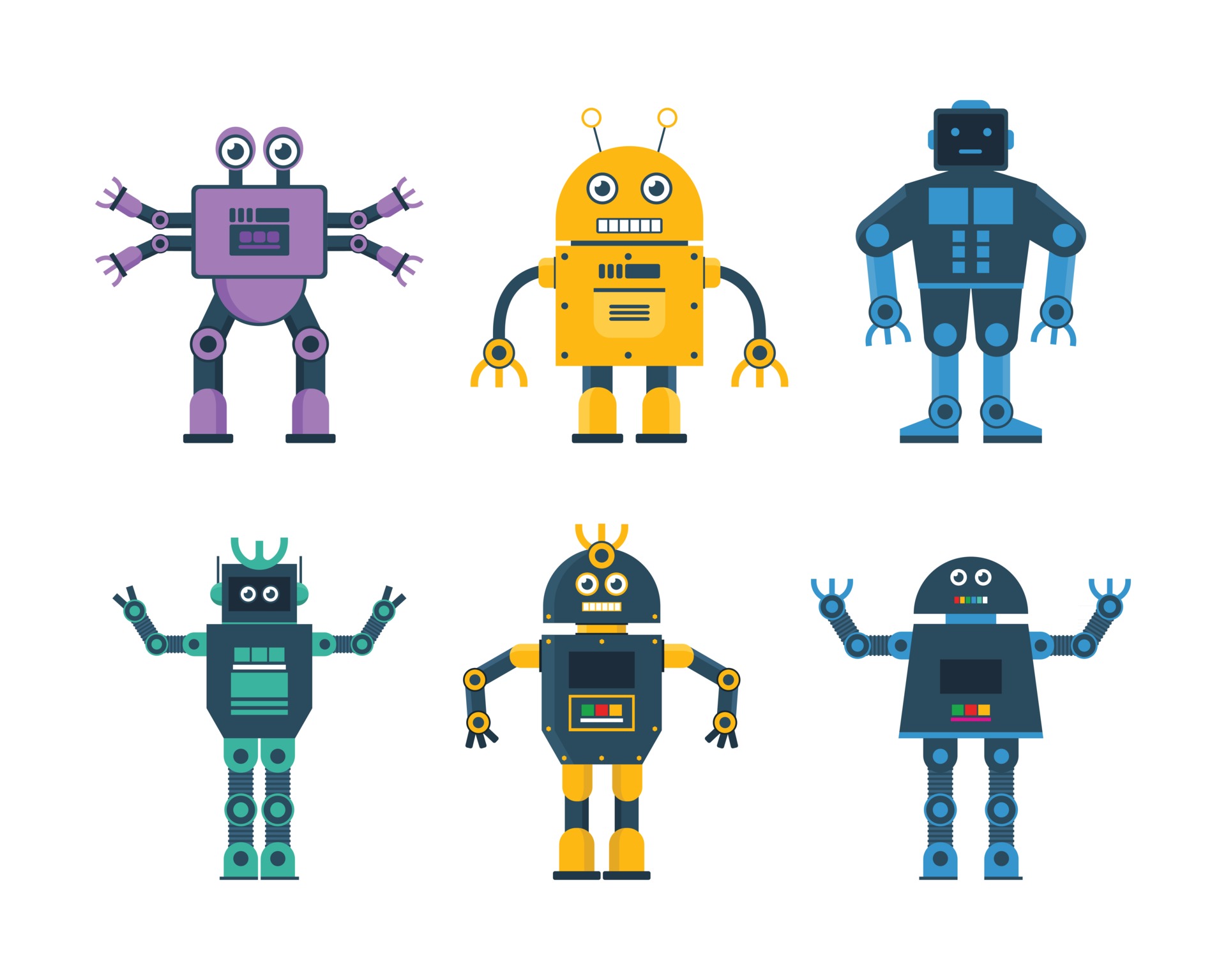 Set of robot toys in various model robot and robot wheel vector ...