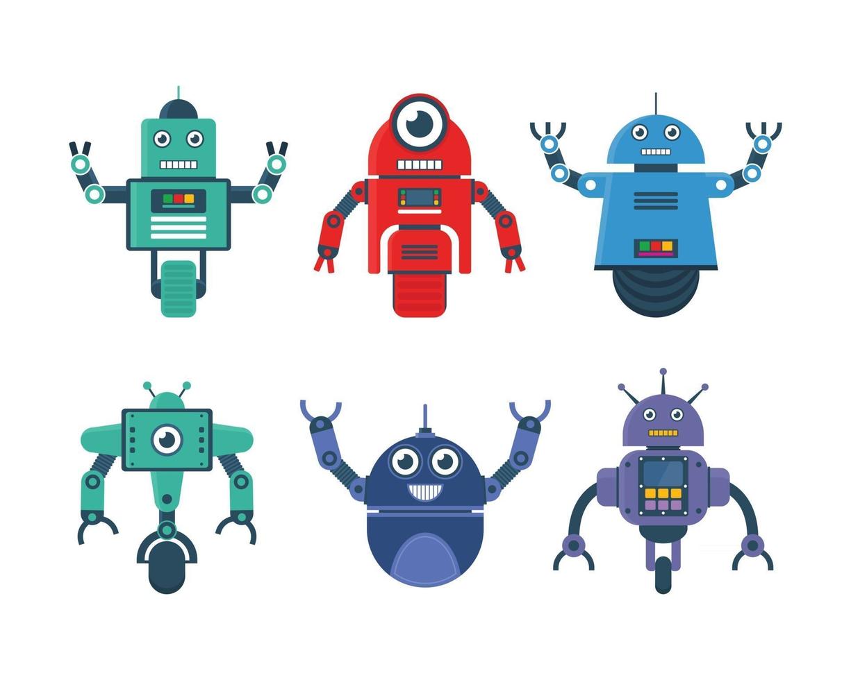 Set of robot toys in various model robot and robot wheel vector ...