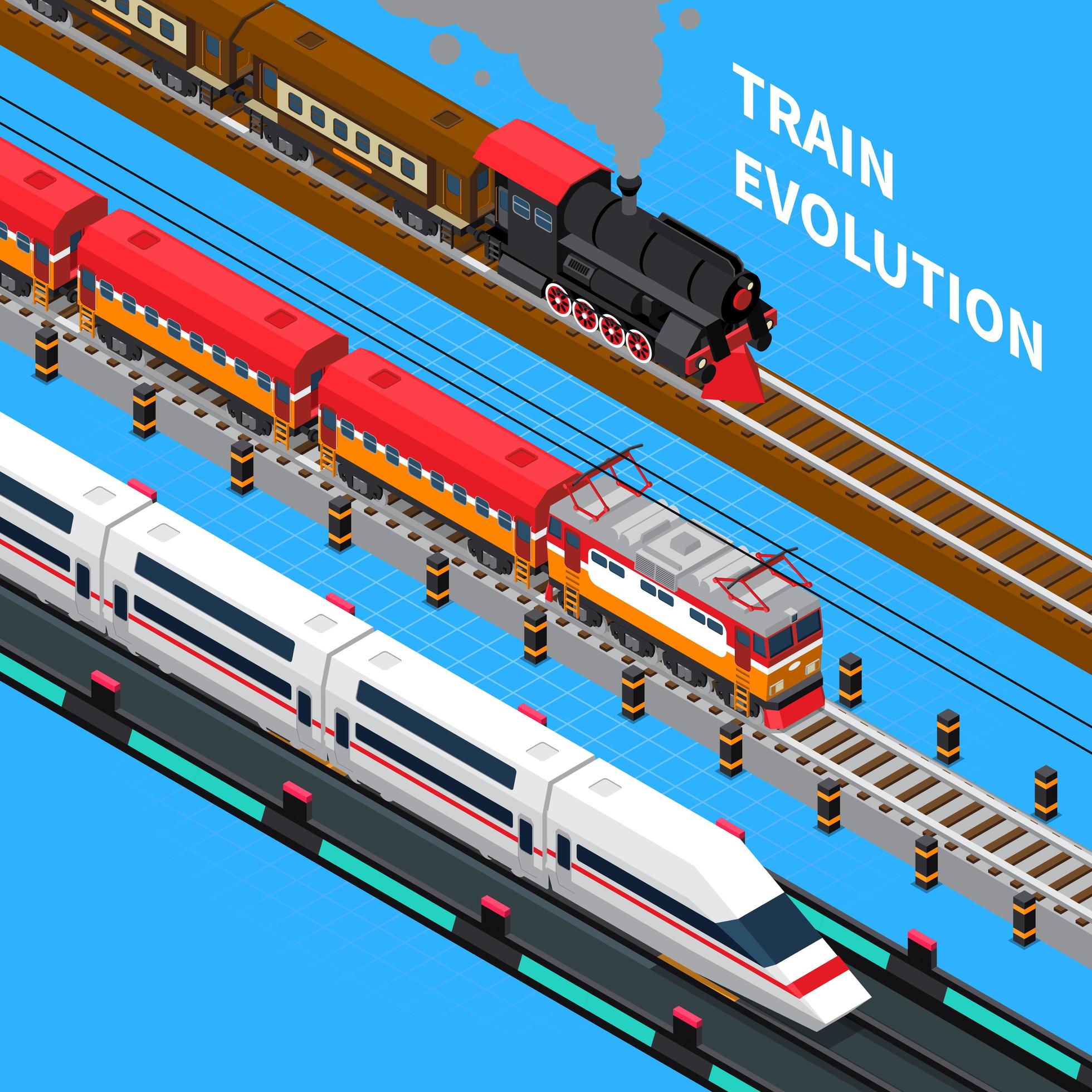 Train Evolution Isometric Composition Vector Illustration 2401566 ... Train Evolution Isometric Composition Vector Illustration 2401566 ...