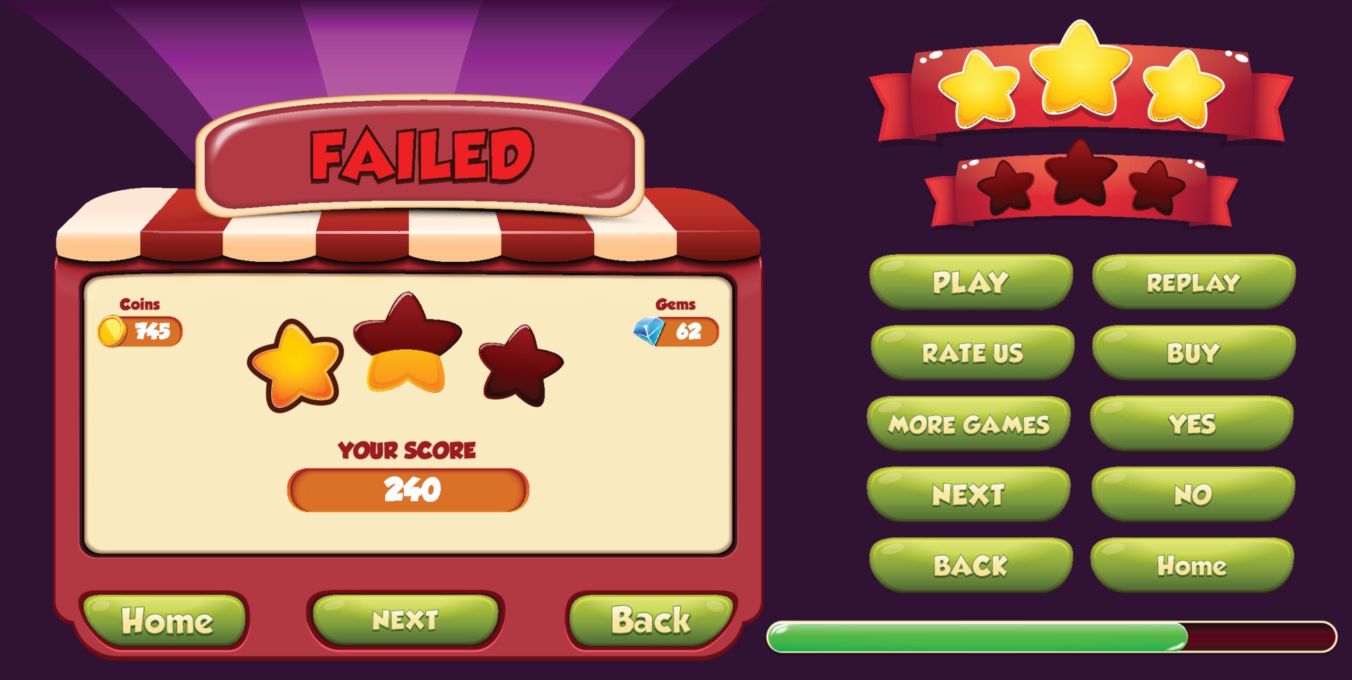 Level selection game menu scene with buttons loading bar and stars Pro ...